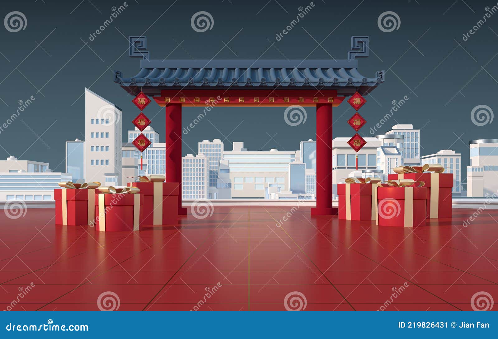 Chinese Gate with White Model Town, Translate Blessing, 3d Rendering ...
