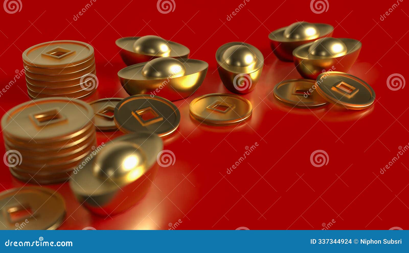 Chinese Gold and Coins on Red Background 3d Rendering Stock ...