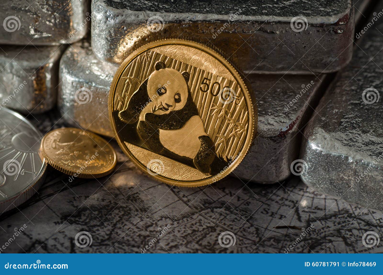 Chinese Gold Panda Coin Infront of Silver Bars on Map Stock Image ...
