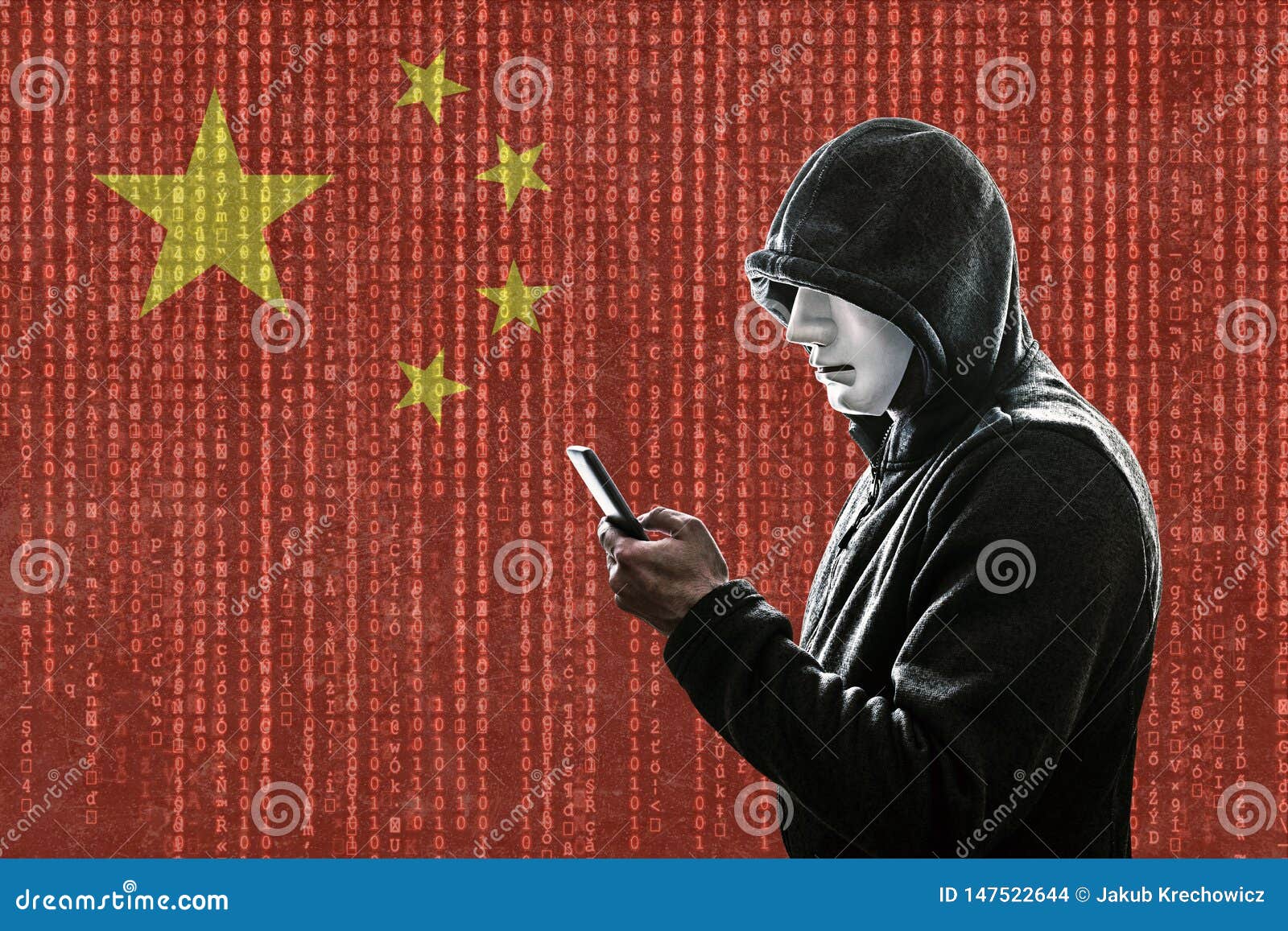 Chinese Hooded Hacker with Mask Holding Smartphone Stock Photo - Image ...