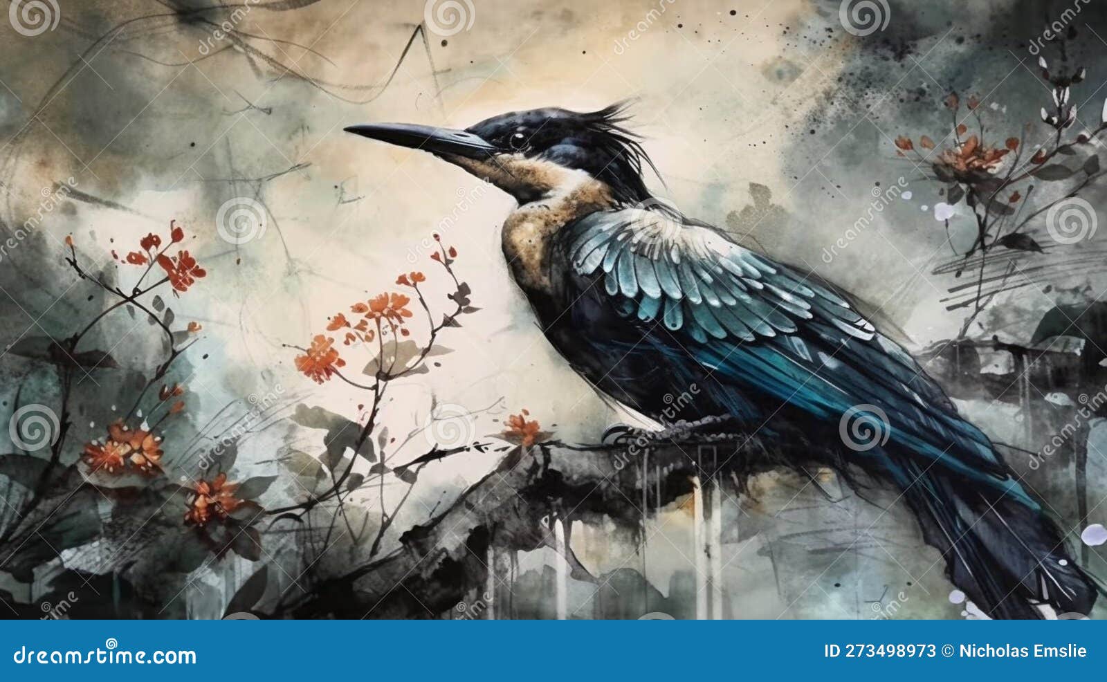 Chinese Ink Bird in Nature Wallpaper Background Ai Generated Stock ...