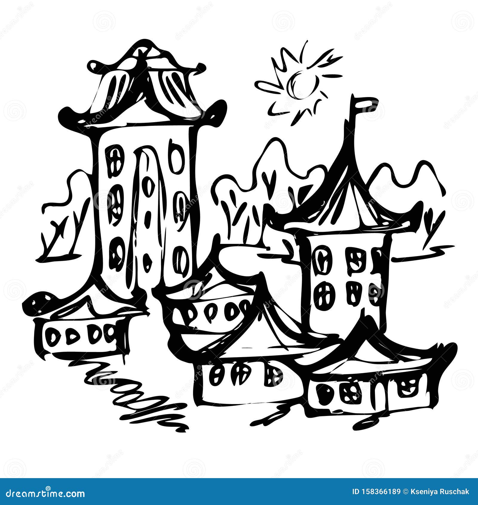 Chinese Castle Sketch, Vector Illustration Stock Vector - Illustration ...