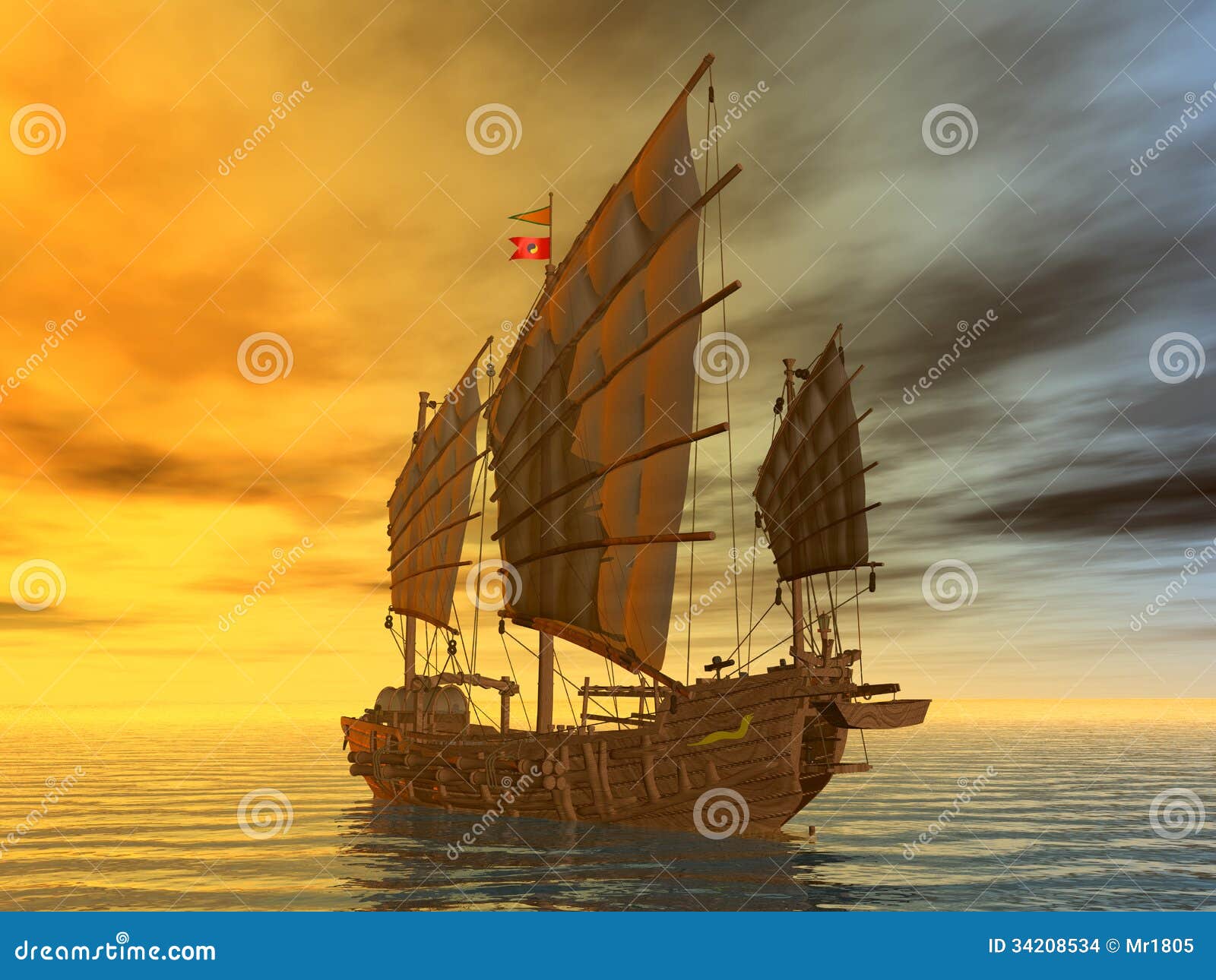 Chinese Junk stock illustration. Illustration of sunset - 34208534