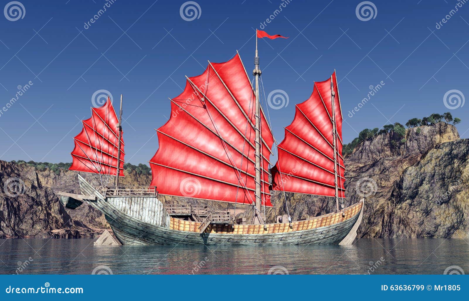 Chinese junk ship stock illustration. Illustration of cloudless - 63636799