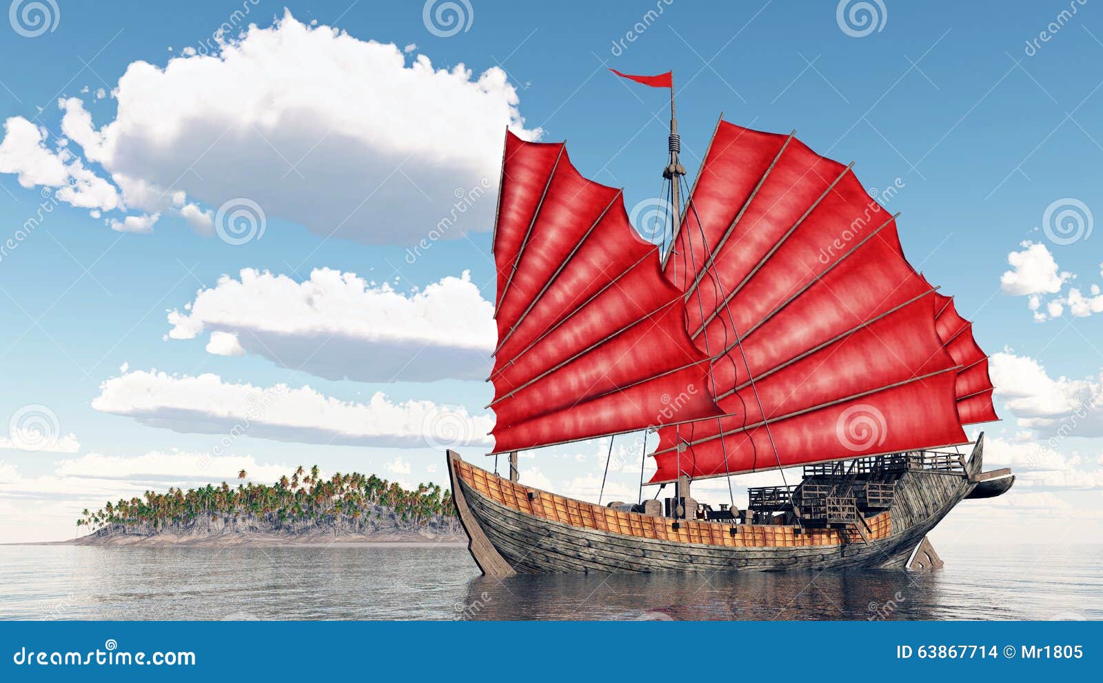 Chinese junk ship stock illustration. Illustration of palms - 63867714