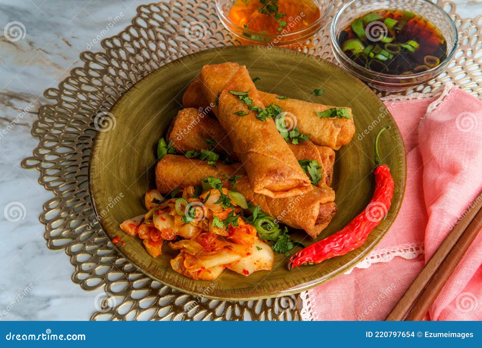 Chinese Kimchi Spring Rolls Stock Photo - Image of snack, plating ...