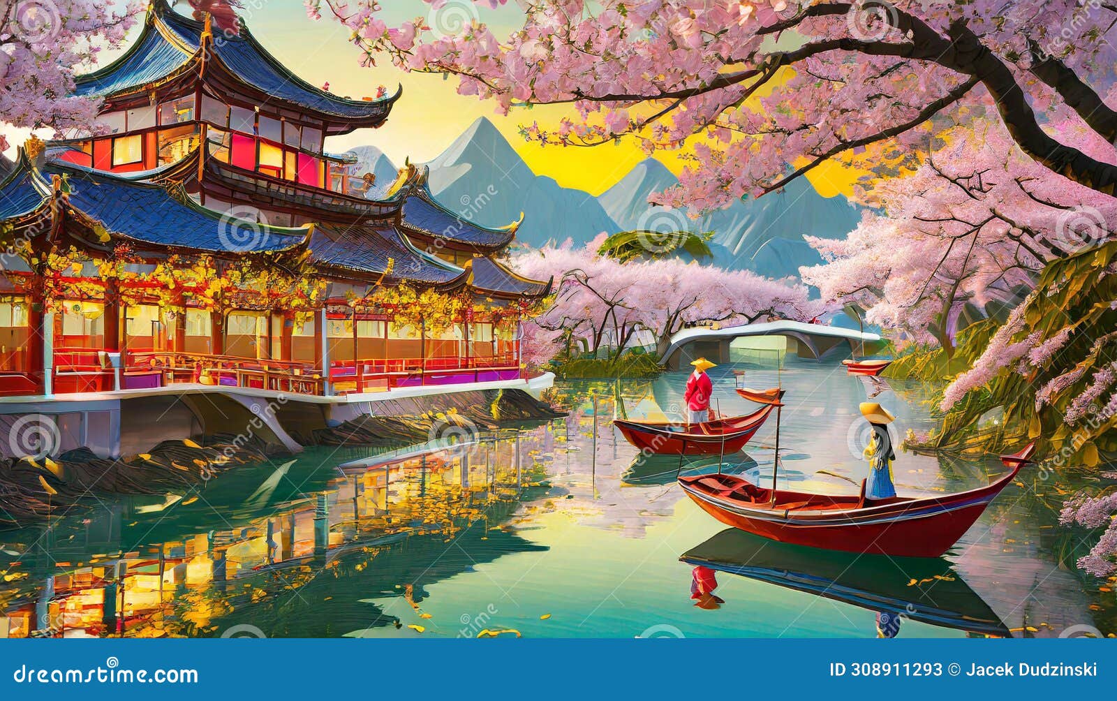 Chinese Landscape with Forest and Mountains in the Background, Fantasy ...