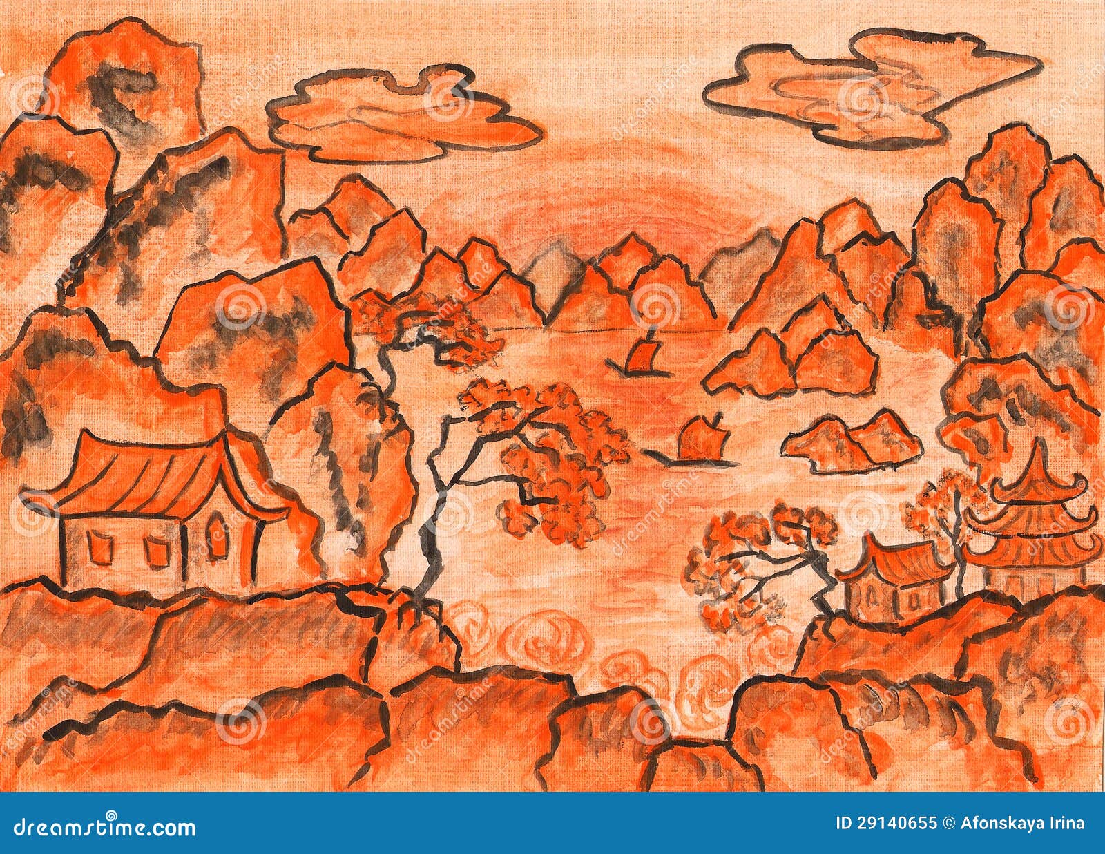 Chinese Landscape in Orange, Painting Stock Illustration - Illustration ...
