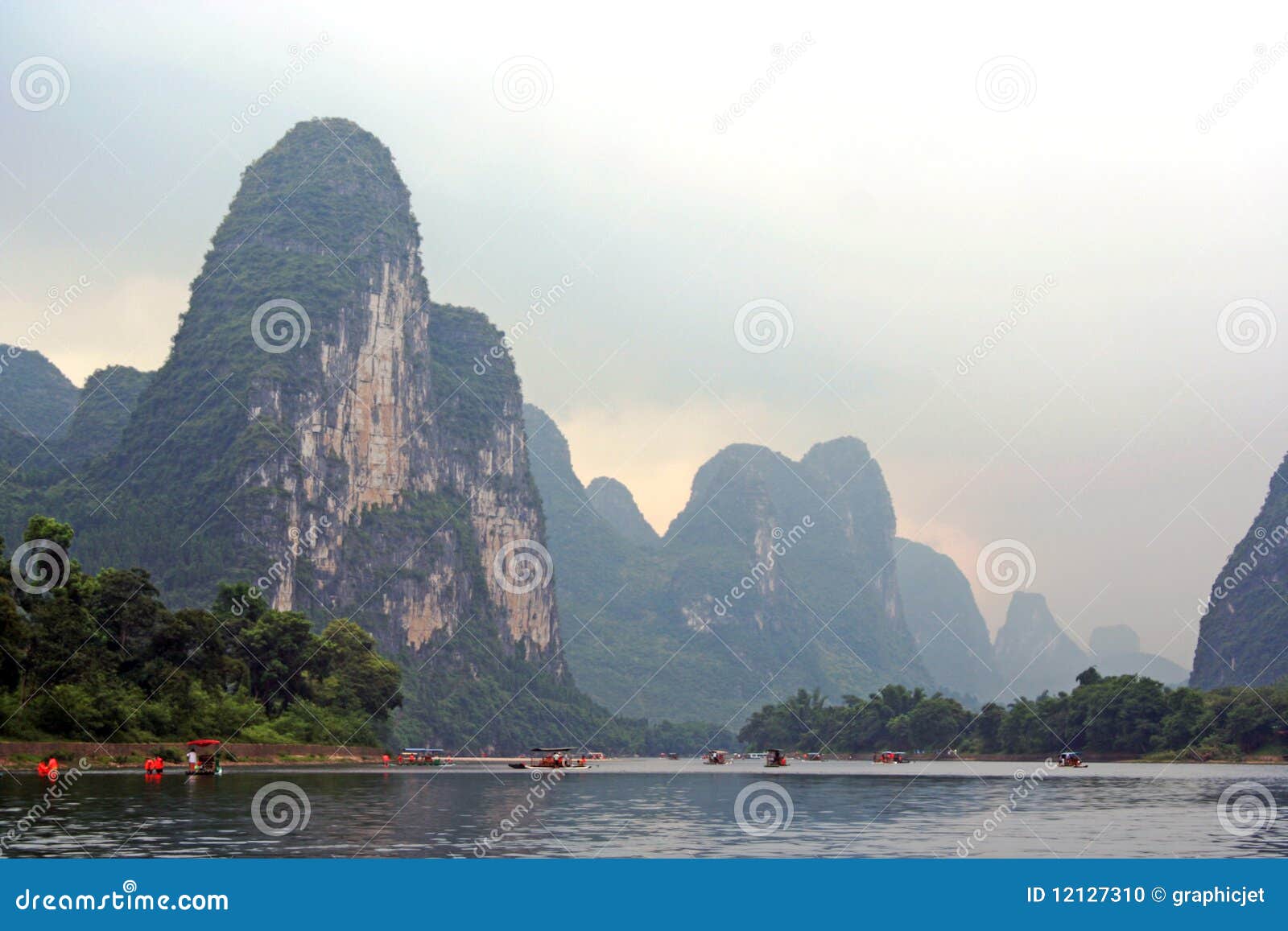 Chinese Landscape on the River Stock Photo - Image of clouds, view ...
