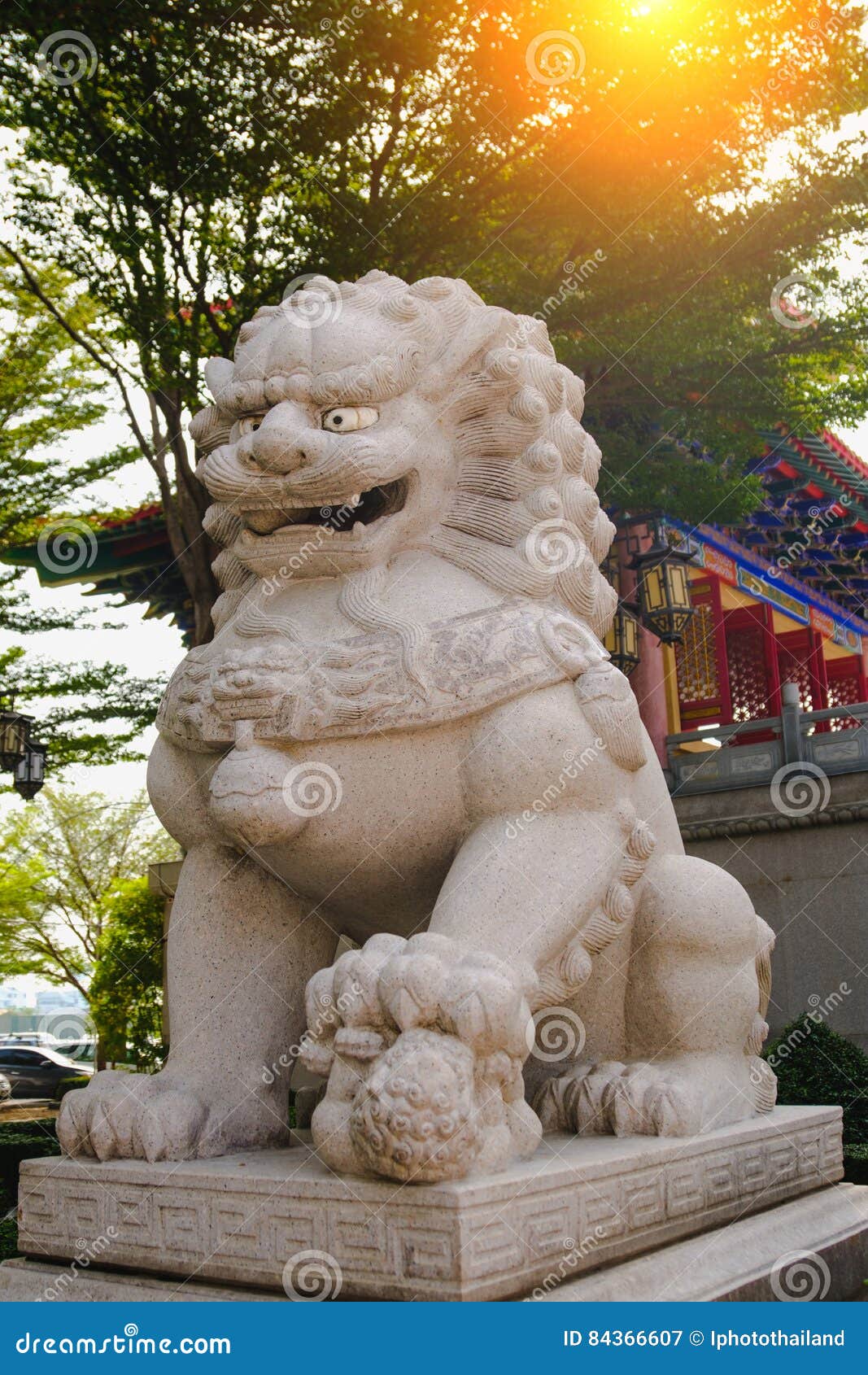 Chinese Lion Stone in Front of Chinese Temple Stock Image - Image of ...