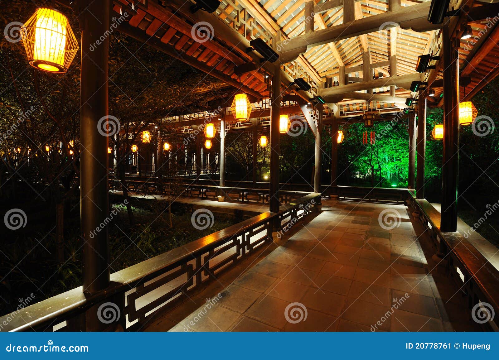 Chinese Long Corridor at Night Stock Image - Image of bench, building ...