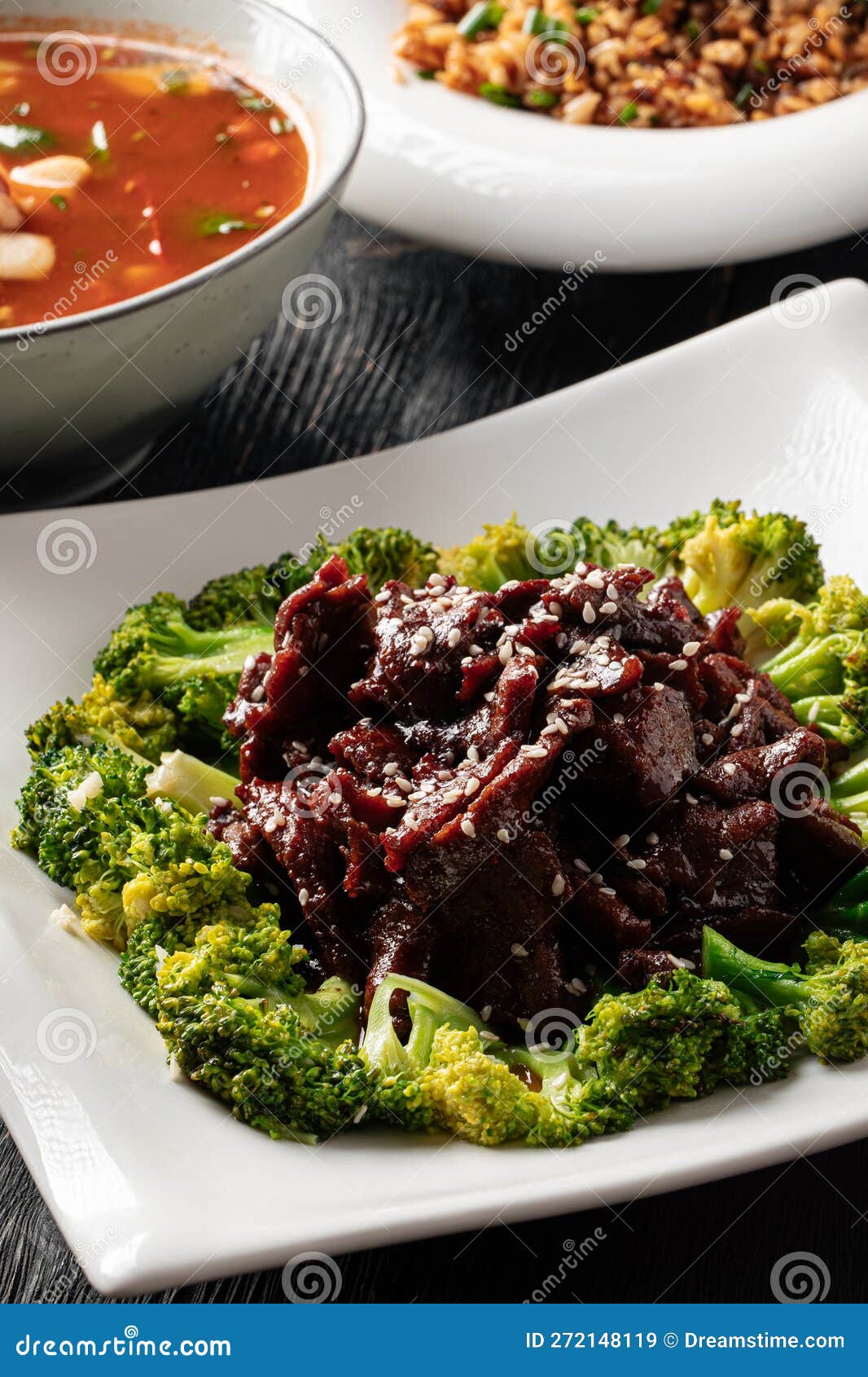 Chinese Lunch with Rice Marinated Beef and Soup Stock Image - Image of ...