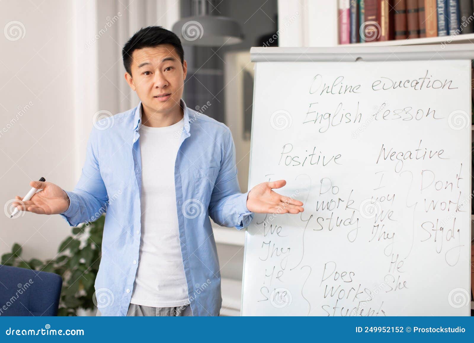 Chinese Male Standing Near Whiteboard Teaching English Standing In