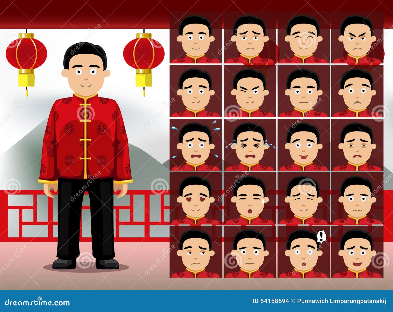 Chinese Man Cartoon Emotion Faces Vector Illustration Stock Vector ...