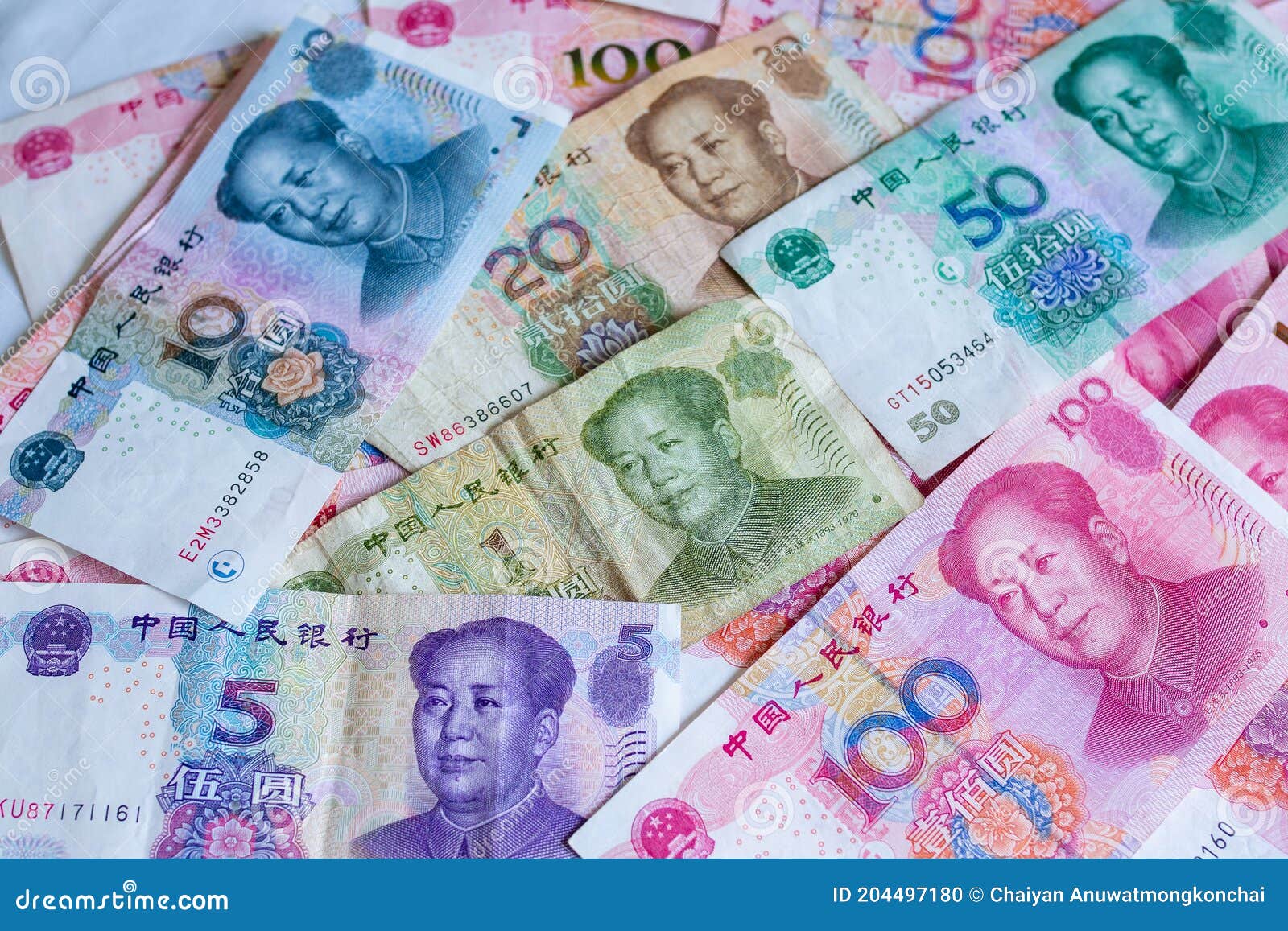 Chinese Money , Many Chinese Bank Notes Placed on the Table Stock Photo ...