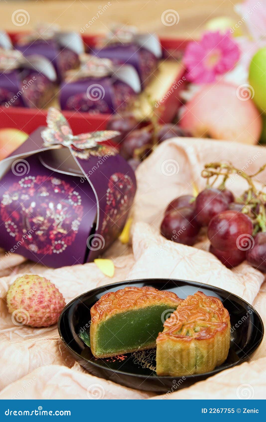 Chinese Moon Cake On A White Marble Background And The Chrysanthemum Is ...