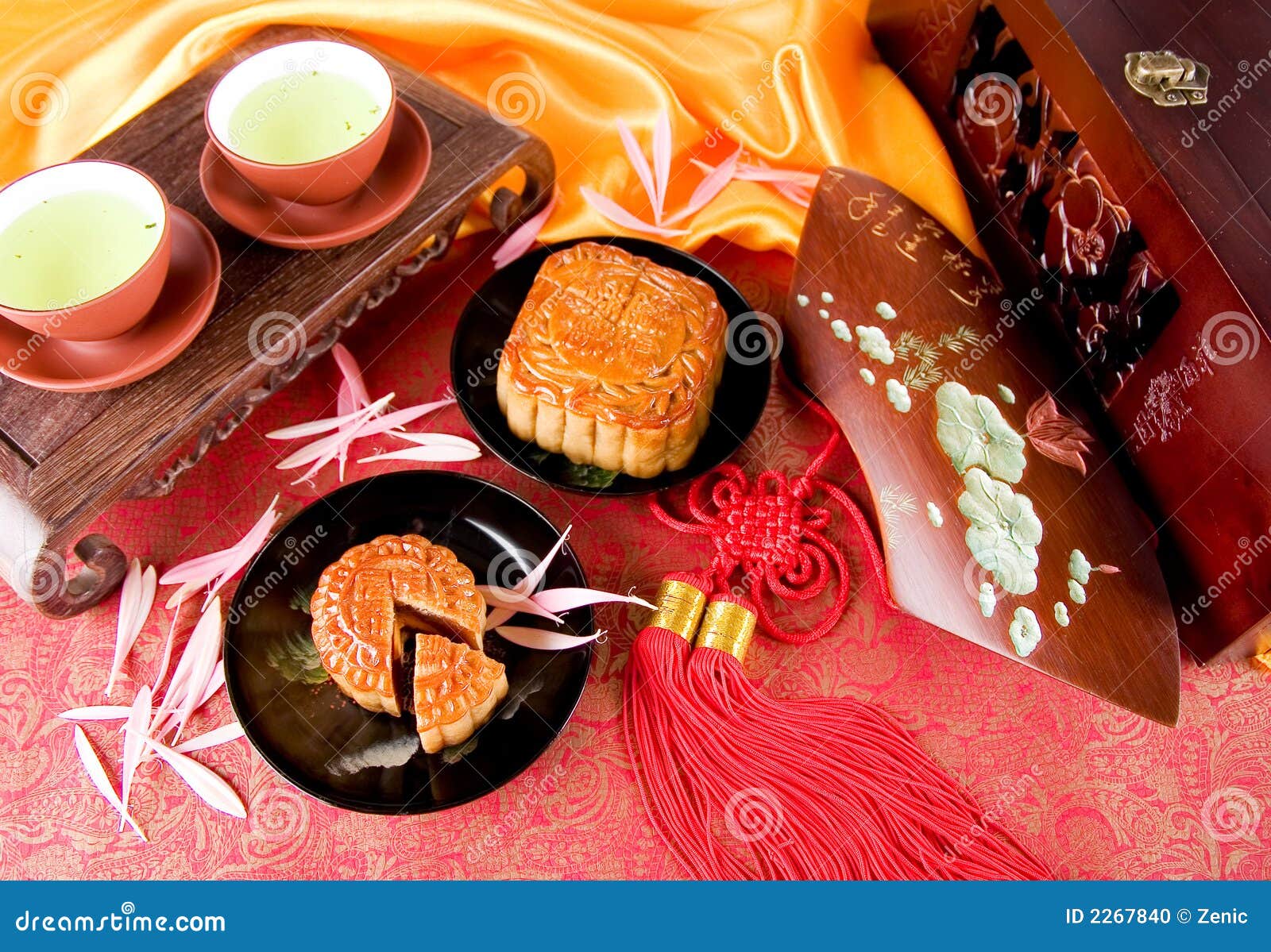 Chinese Moon Cake On A White Marble Background And The Chrysanthemum Is ...