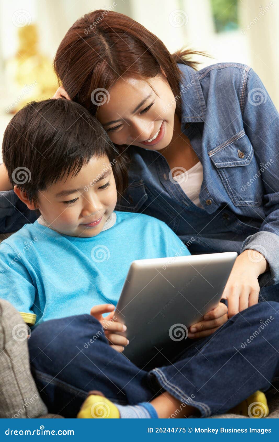 Chinese Mother and Son Using Tablet Computer Stock Image - Image of ...