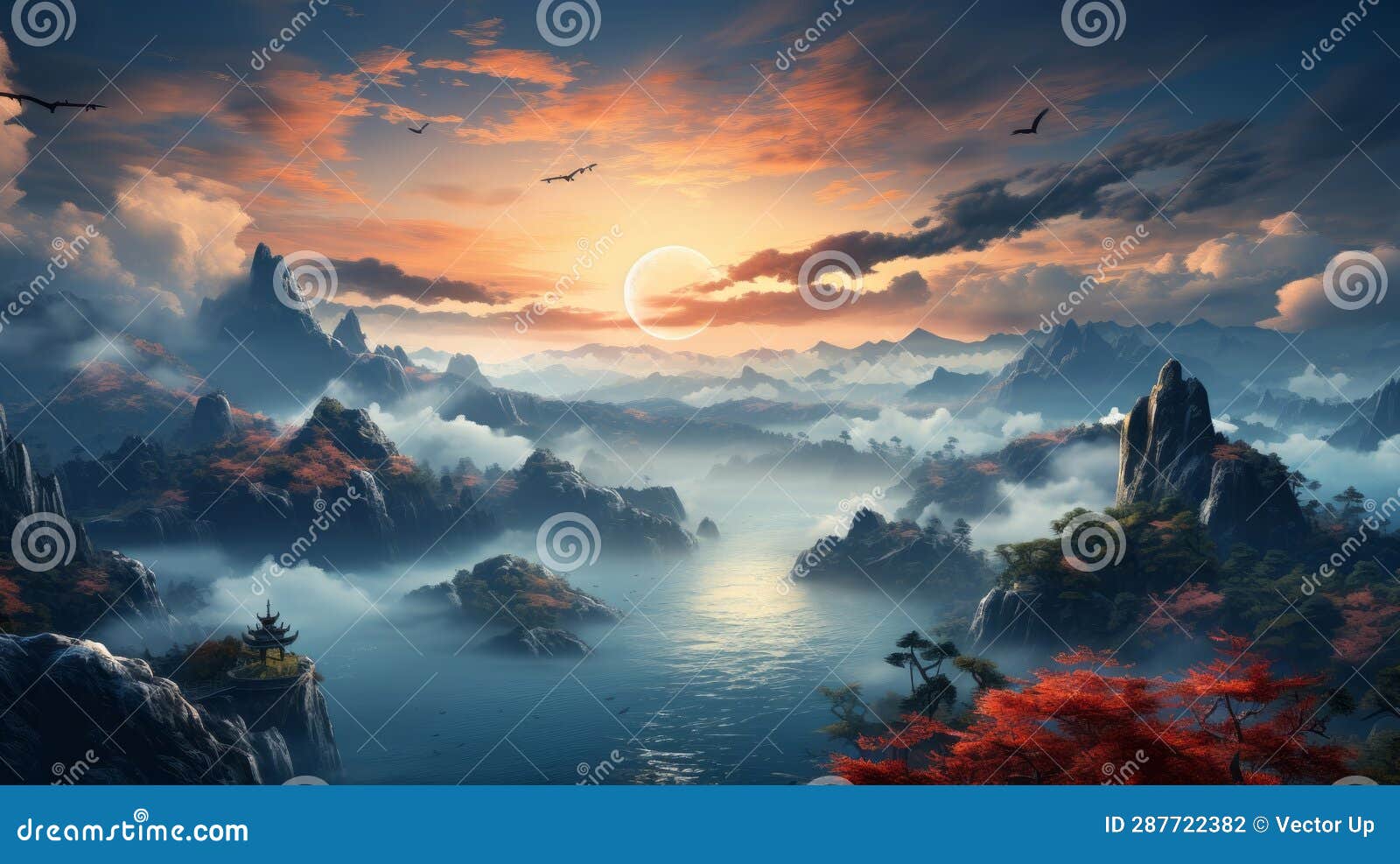 Chinese Mountains in the Mist Sunrise. Generative AI. Stock ...