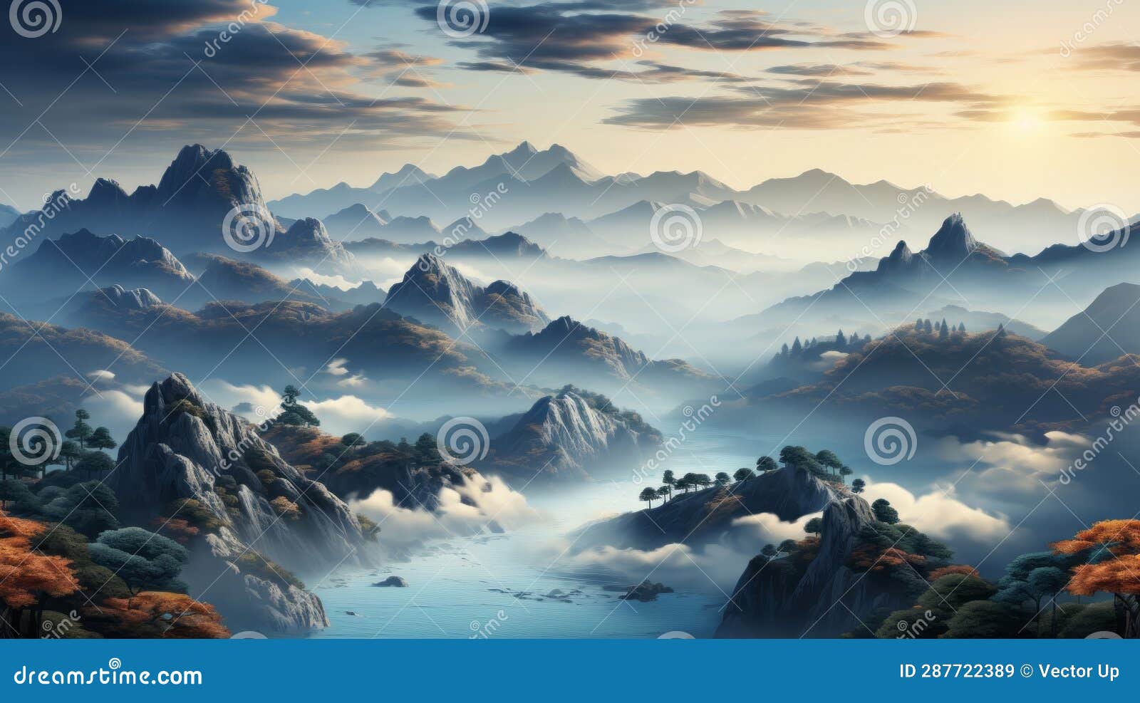Chinese Mountains in the Mist Sunrise. Generative AI. Stock Image ...