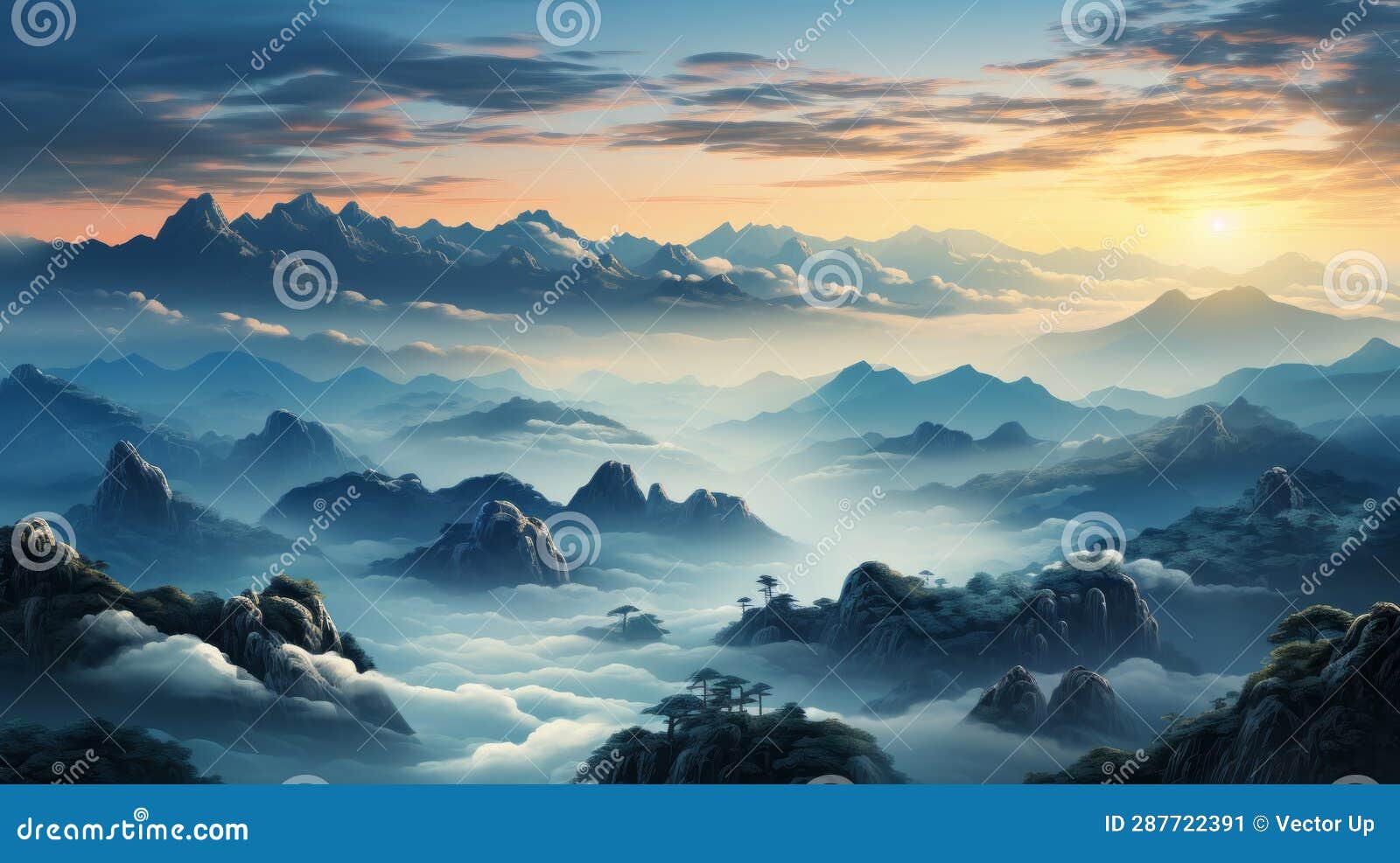 Chinese Mountains in the Mist Sunrise. Generative AI. Stock ...