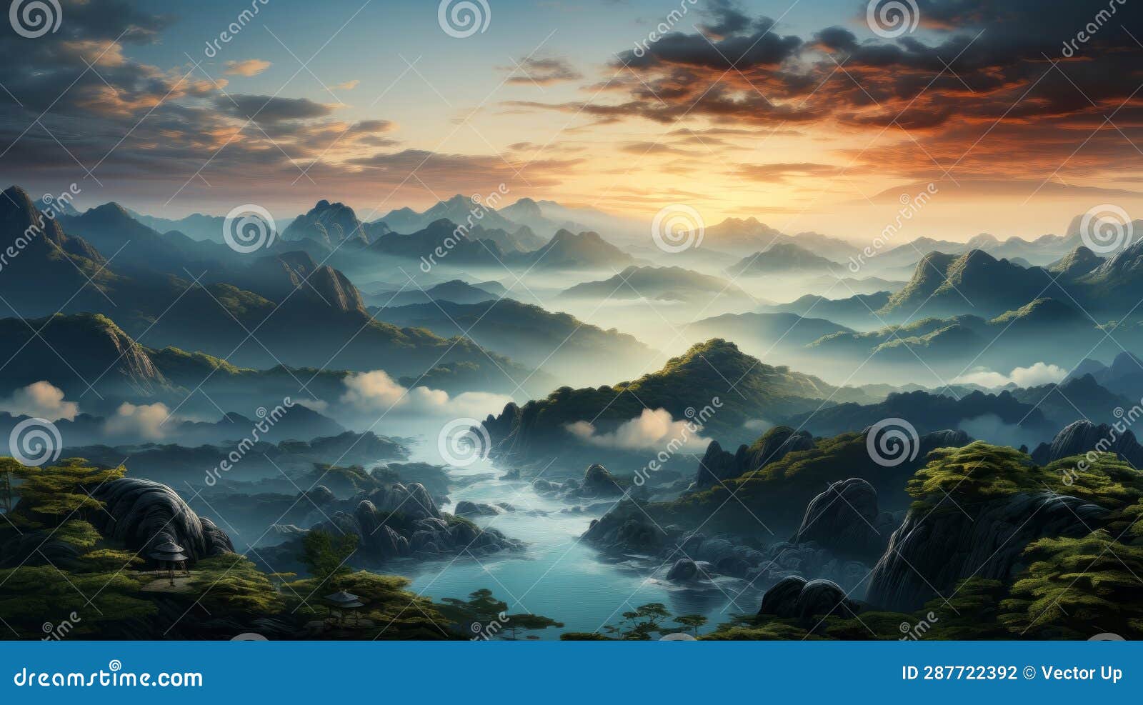 Chinese Mountains in the Mist Sunrise. Generative AI. Stock Photo ...