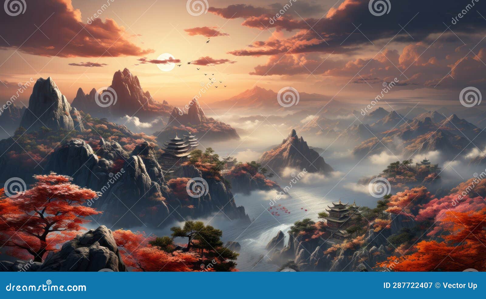 Chinese Mountains in the Mist Sunrise. Generative AI. Stock Image ...