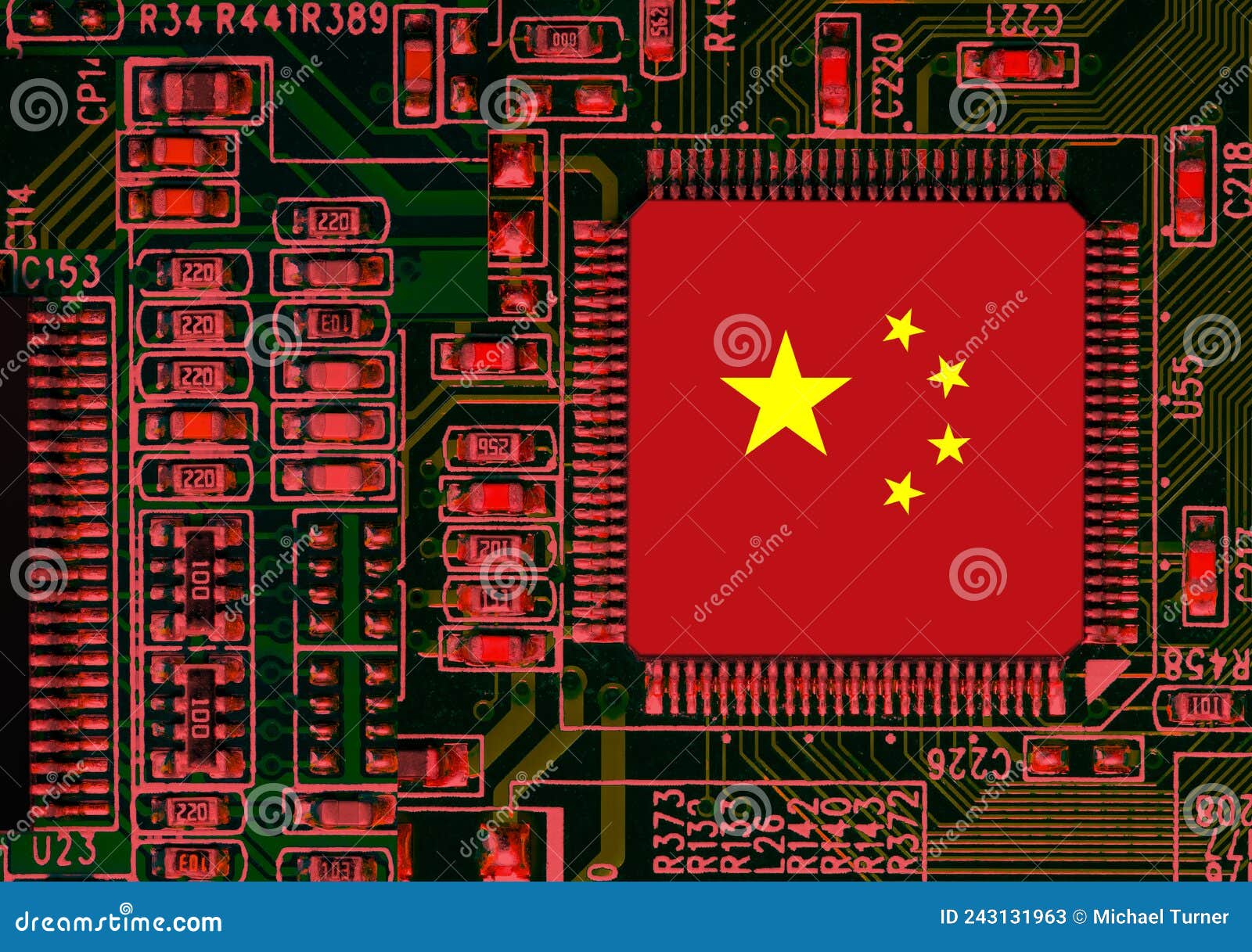 Chinese National Flag Overlaid on PC Micro Chip on Integrated Circuit ...