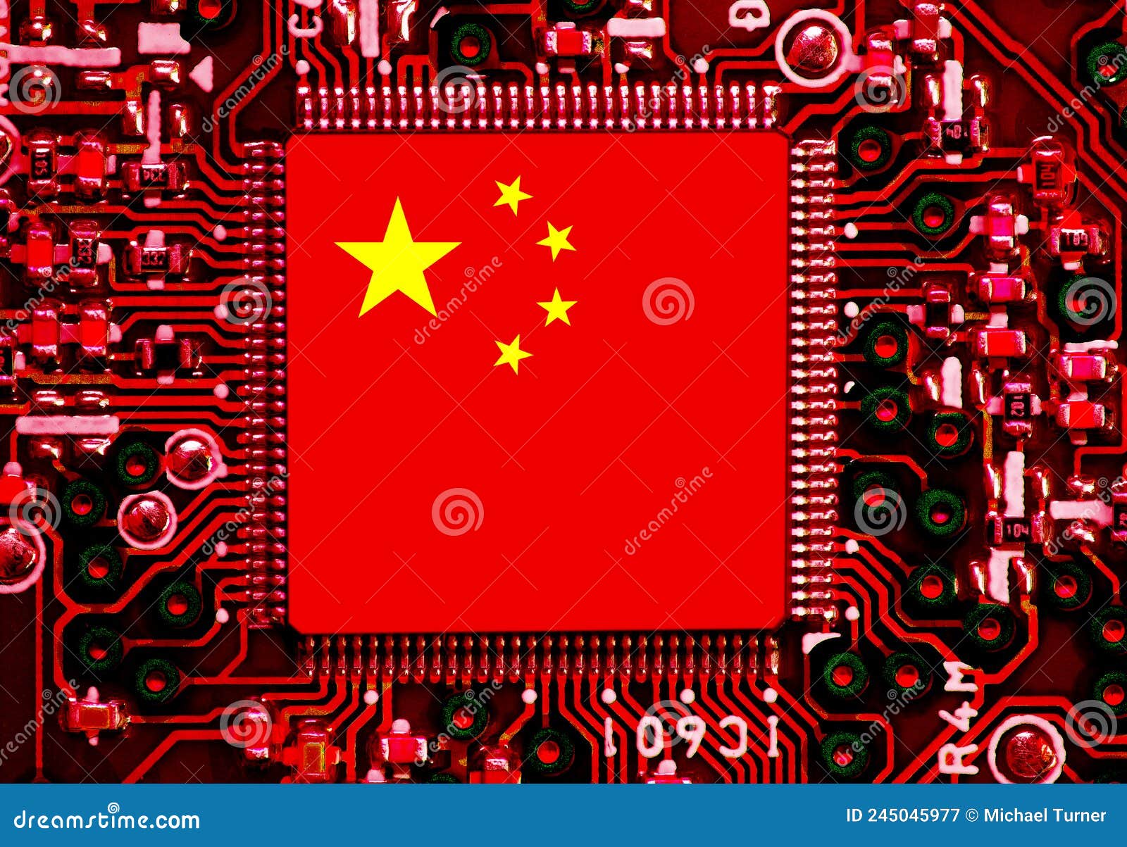 Chinese National Flag Overlaid on PC Micro Chip on Integrated Circuit ...