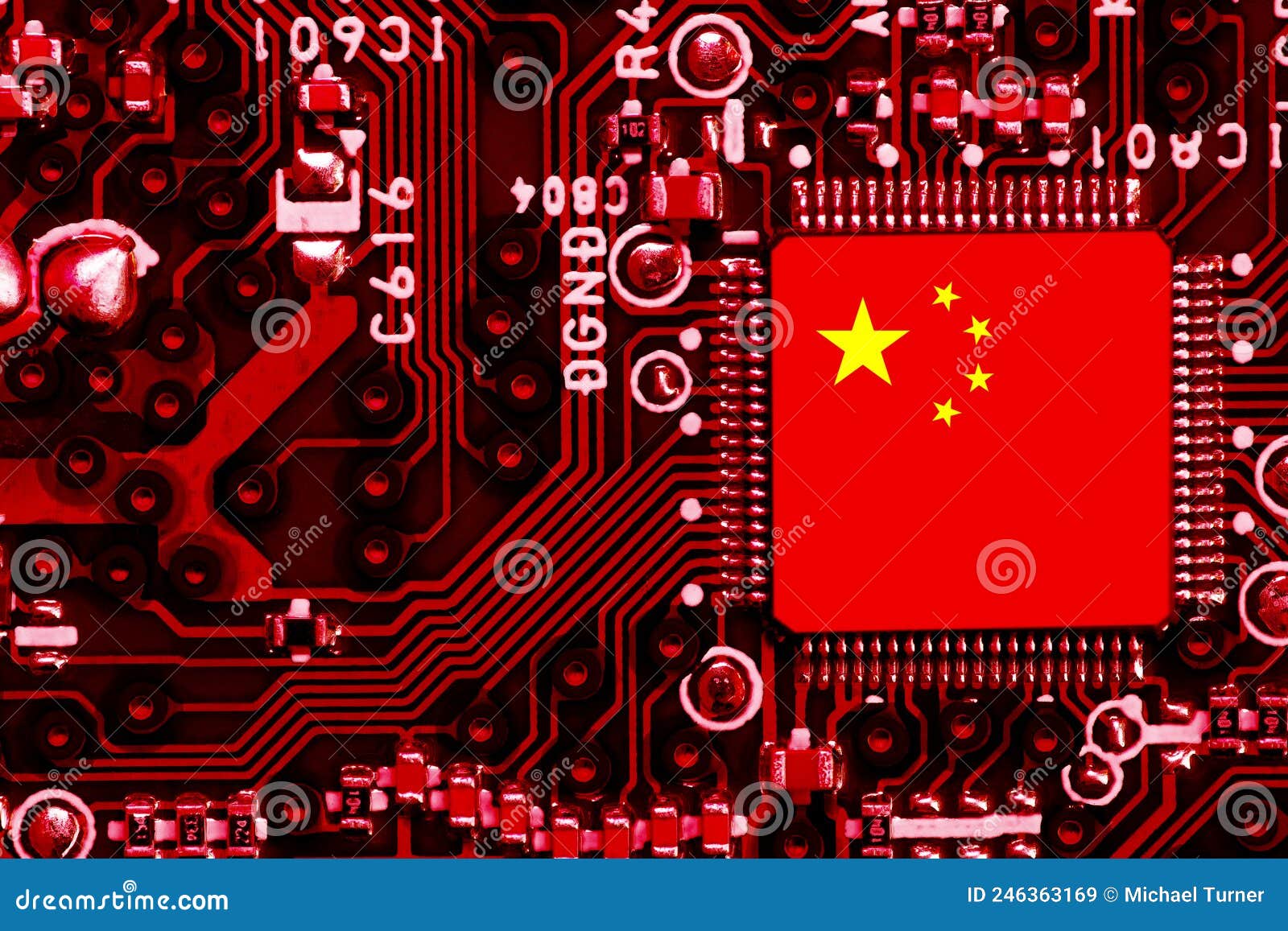 Chinese National Flag Overlaid on PC Micro Chip on Integrated Circuit ...