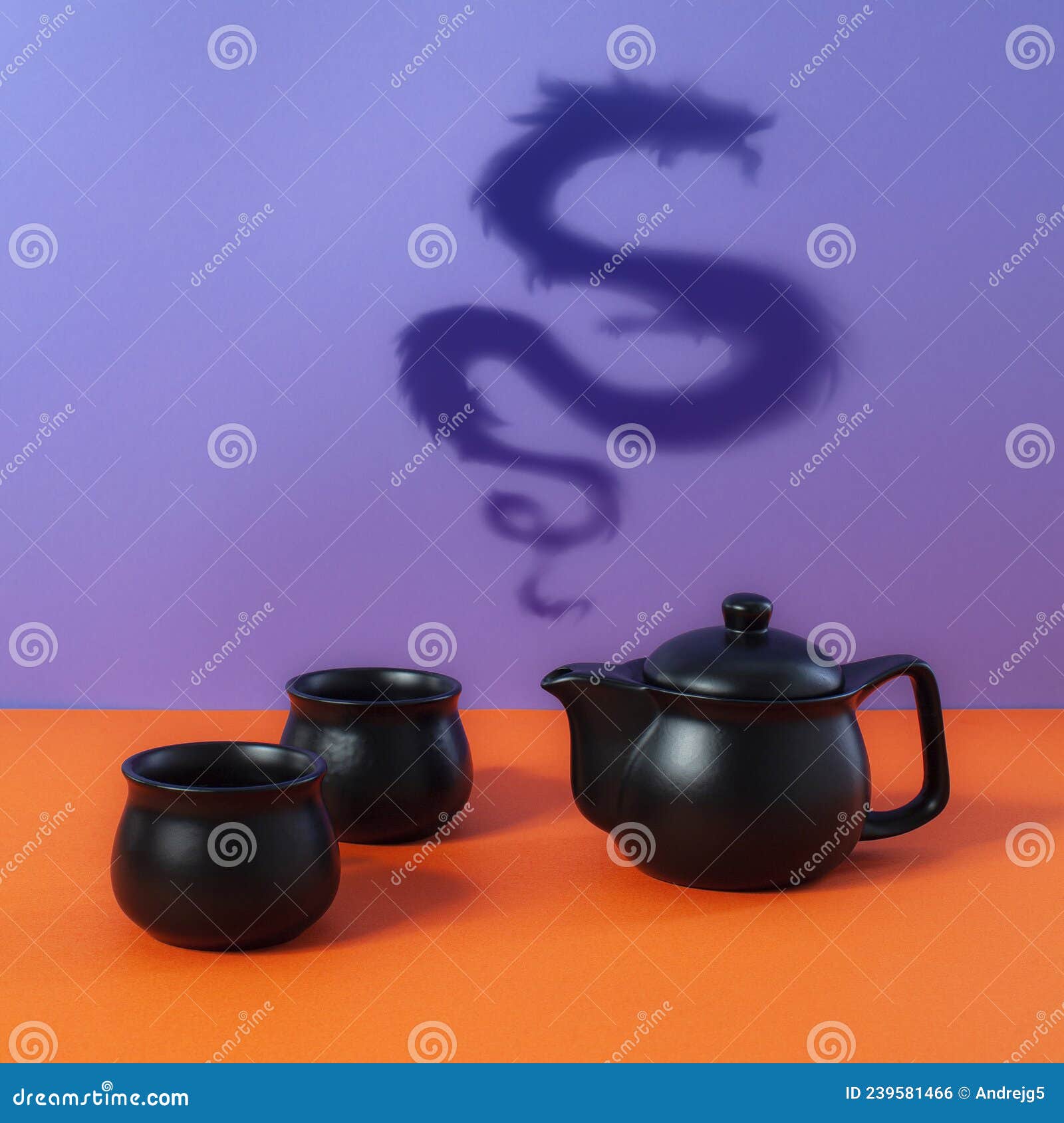 Chinese New Year Composition with Teapot, Teacups and Steamy Shadow ...