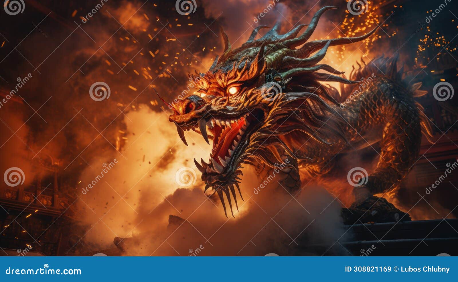 Chinese New Year Dragon in the Fire Stock Illustration - Illustration ...