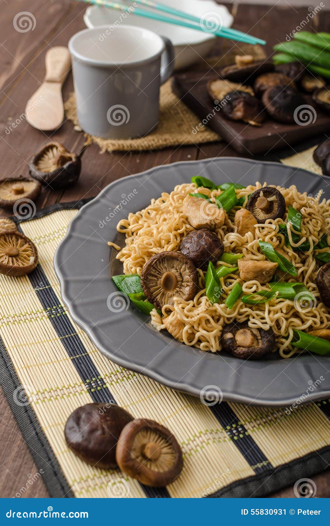 Chinese Noodles with Chicken and Shitake Stock Image - Image of ...
