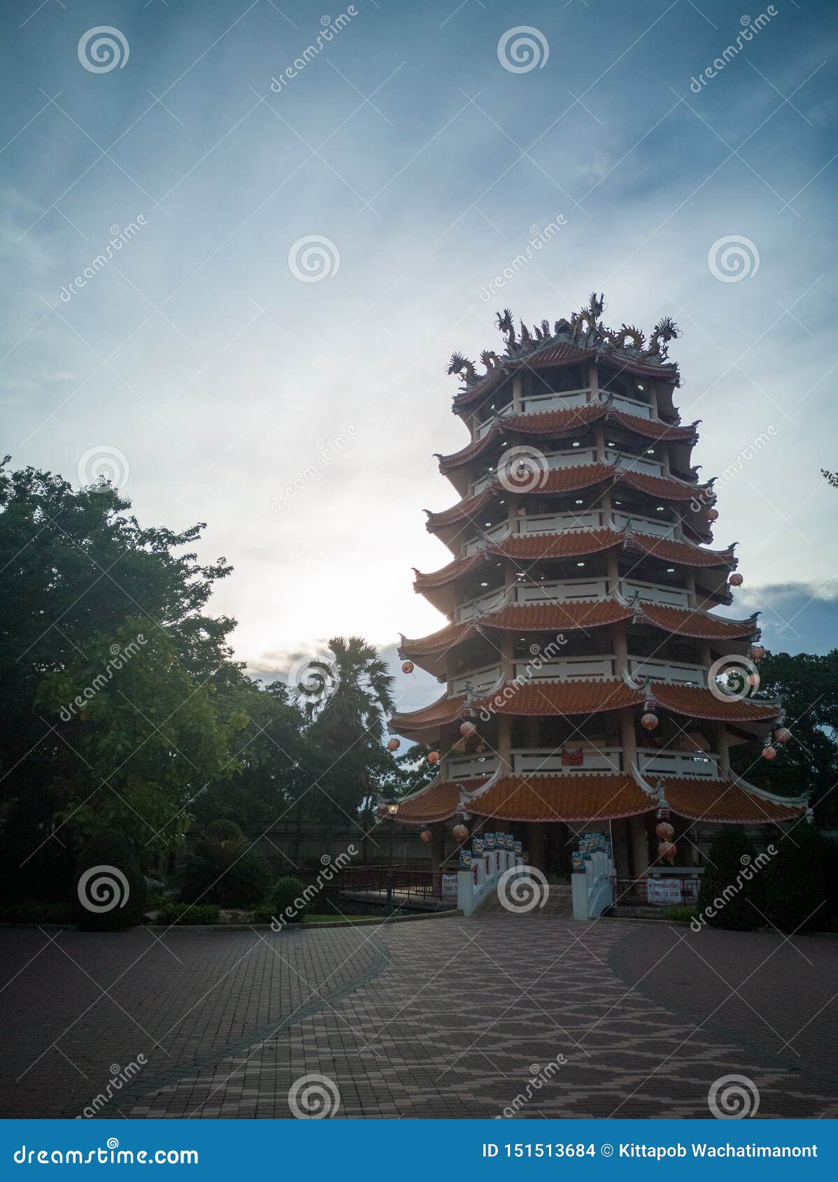 Chinese Octagonal Tower in the Garden Amidst Lush Greenery Stock Photo ...
