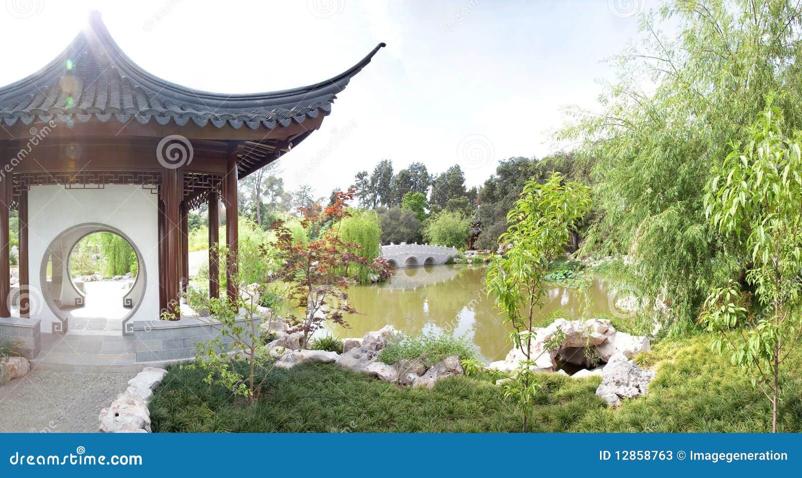 Chinese pagoda by a pond stock image. Image of huntington - 12858763