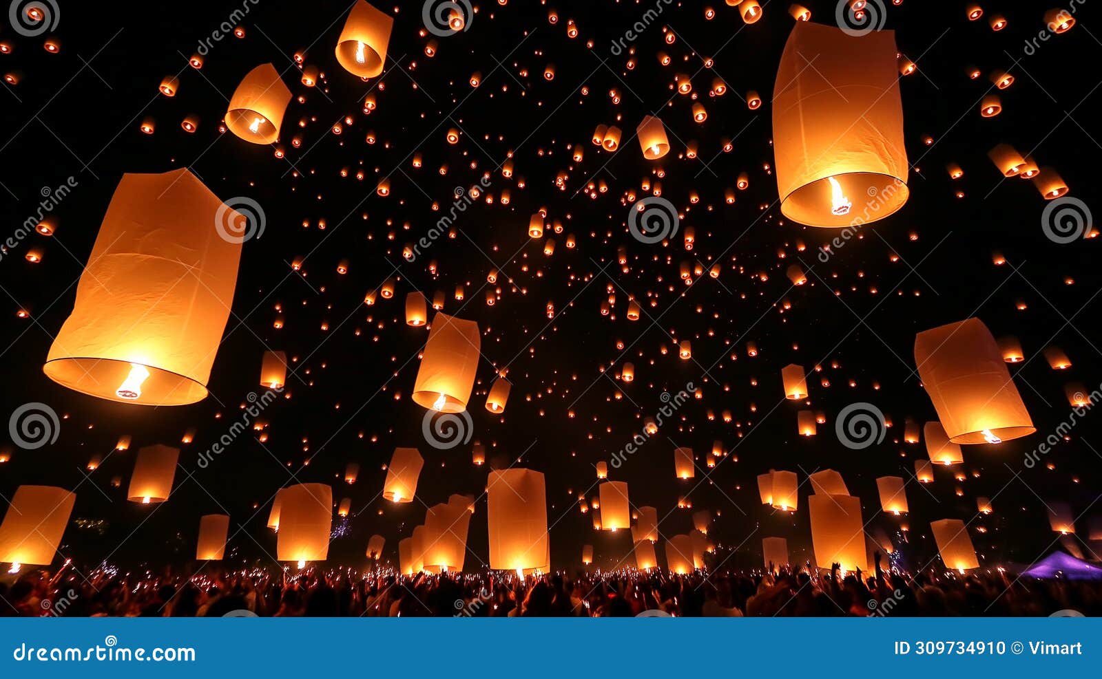 Chinese Paper Fly Lanterns in Night Sky Stock Illustration ...