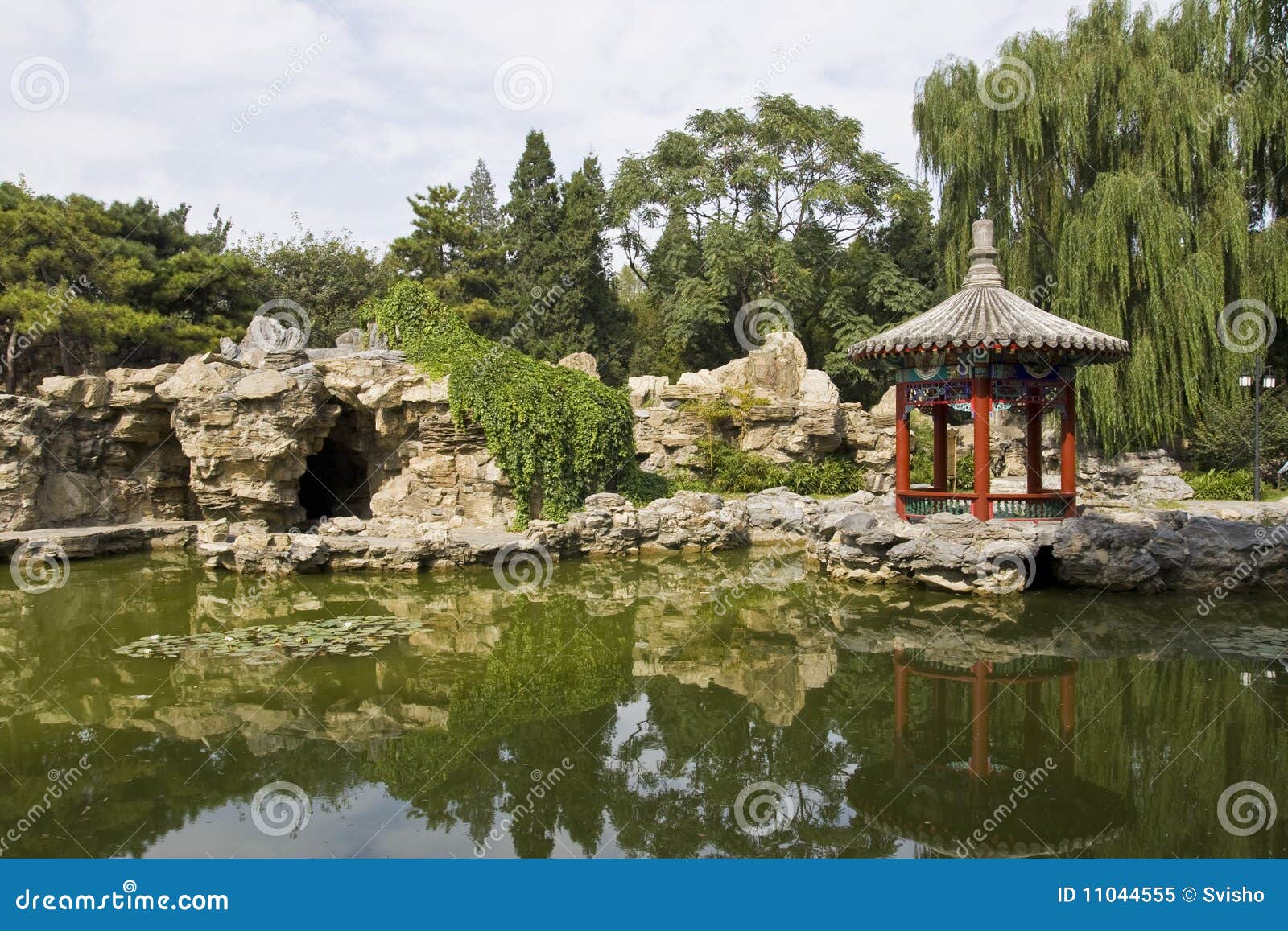 Chinese Park with Lake and Pavilion Stock Image - Image of building ...