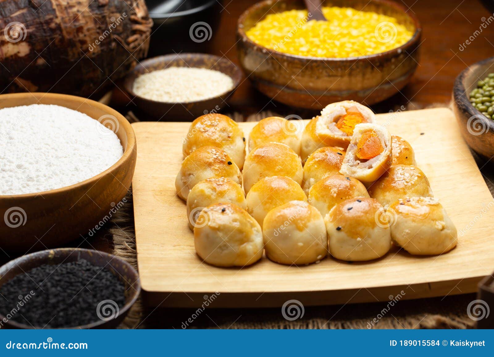 Chinese Pastry Filled with Mung Bean Paste, Taro, and Salted Egg Stock ...