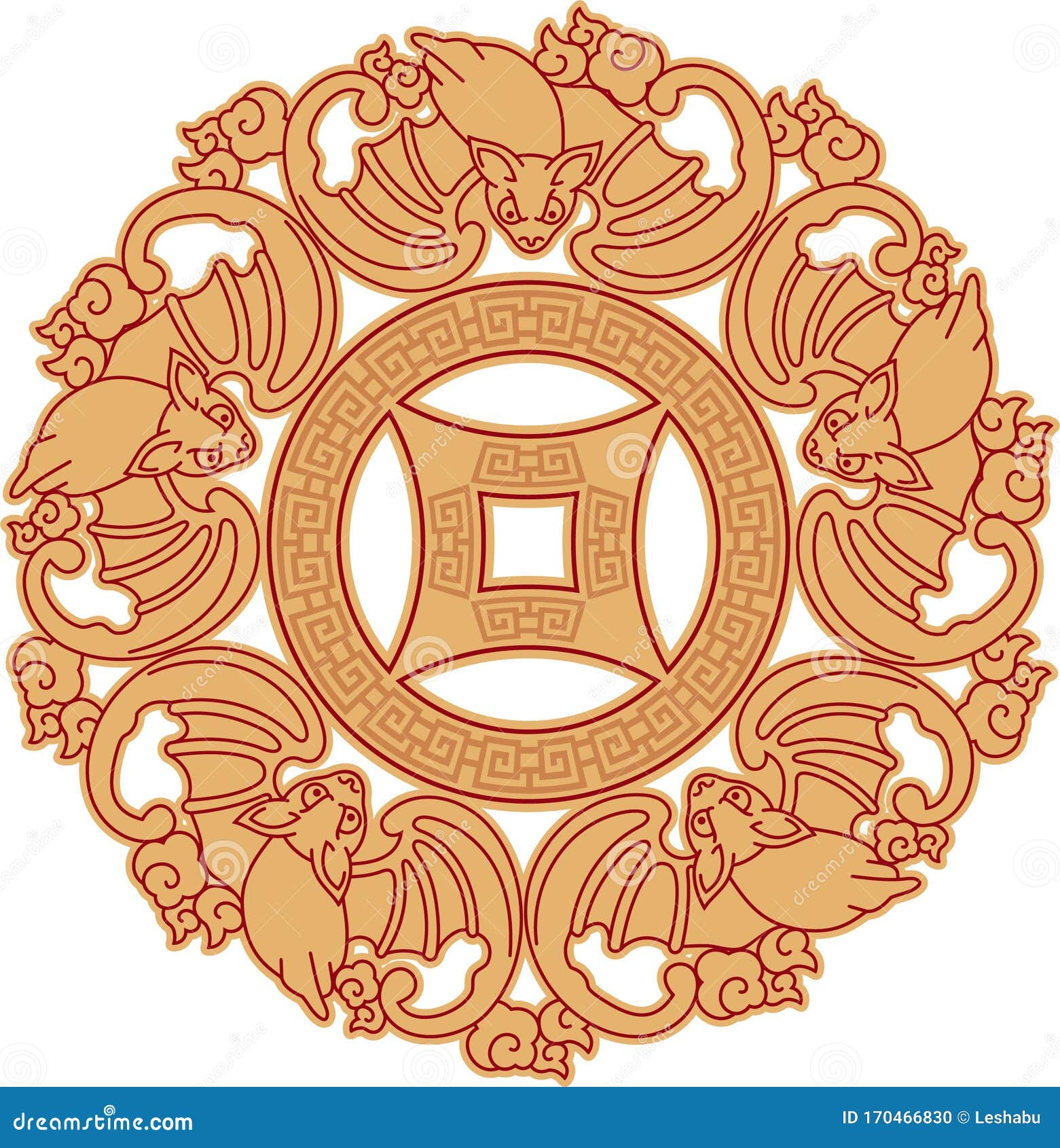 Chinese Pattern Elements - Five Bats with Coin Ornament Stock Vector ...