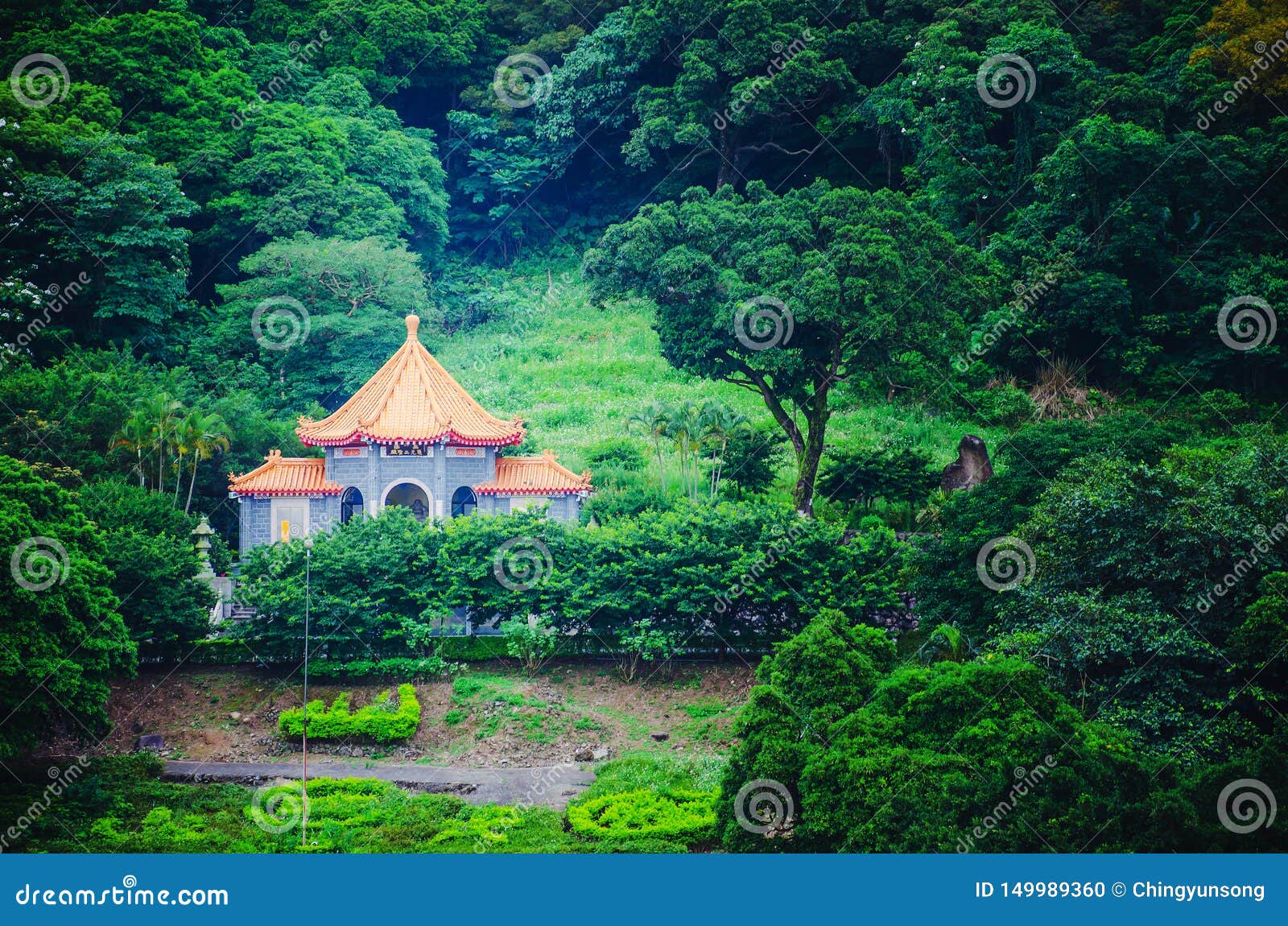 Chinese Pavilion and Temples at the Chinese Garden within a Park with ...