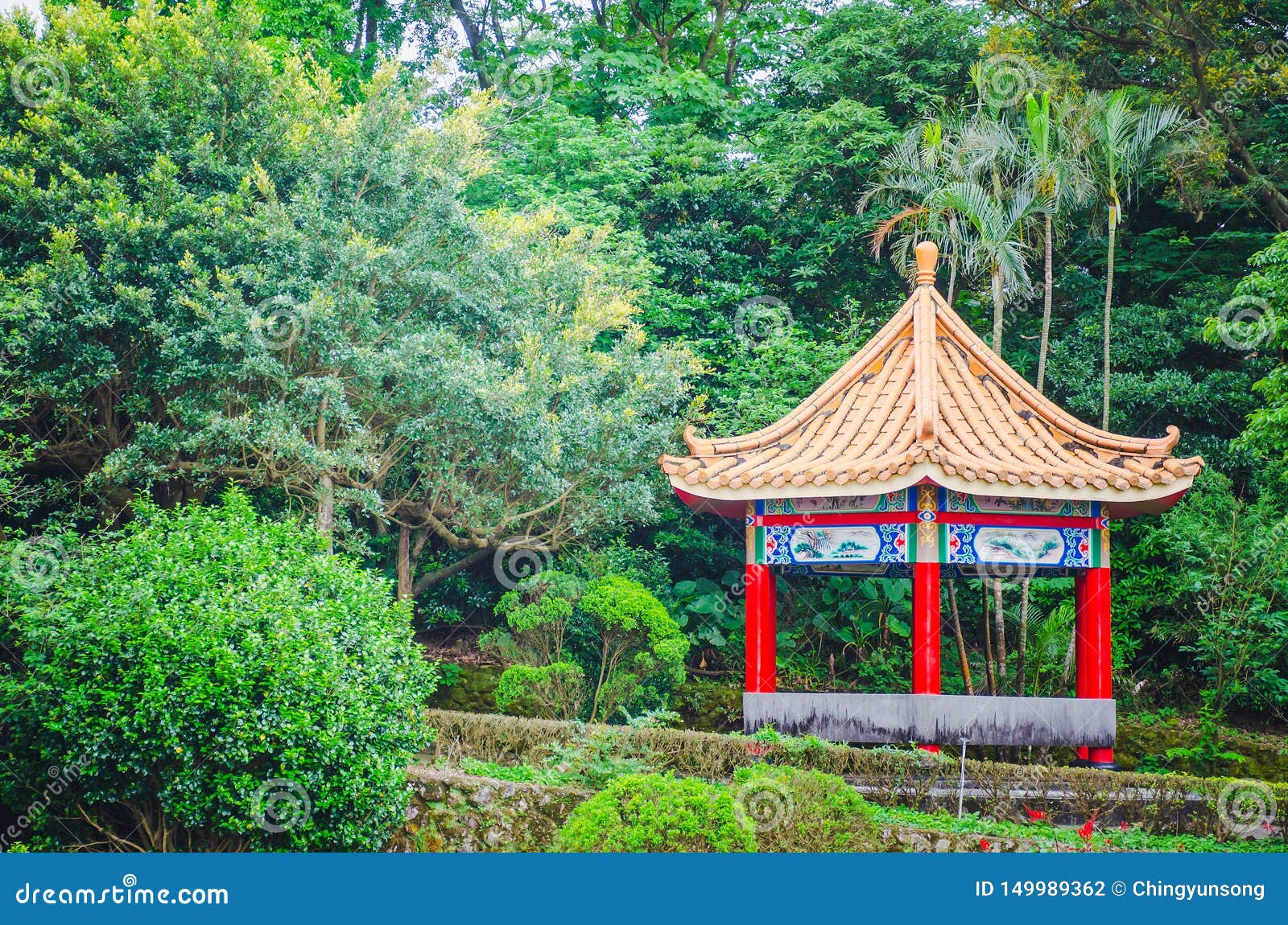 Chinese Pavilion and Temples at the Chinese Garden within a Park with ...