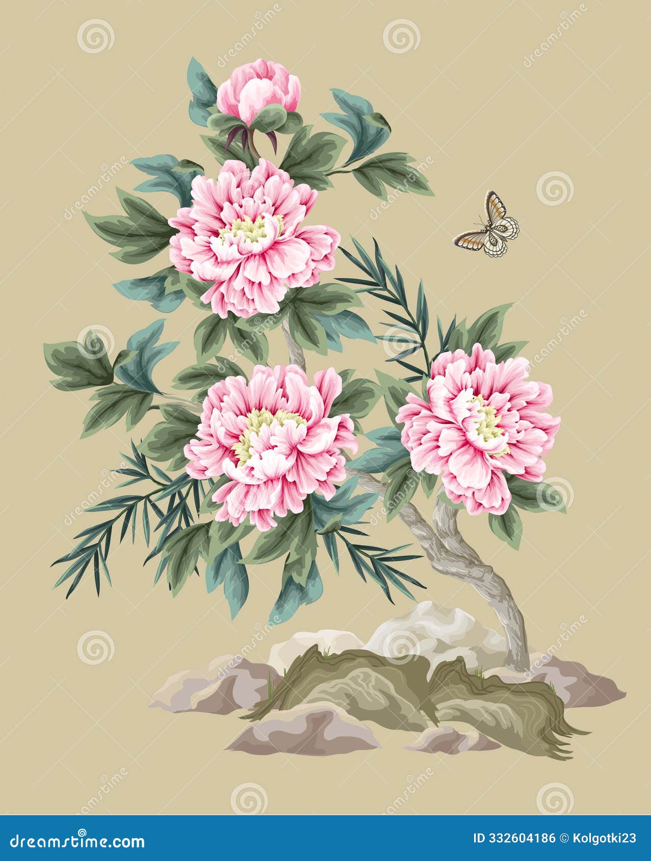 Chinese Peonies and Butterfly Isolated. Vector. Stock Illustration ...