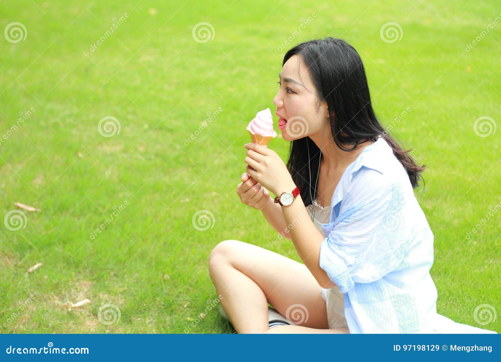 Chinese Portrait Of Young Happy Woman Eating Ice Cream Stock Image