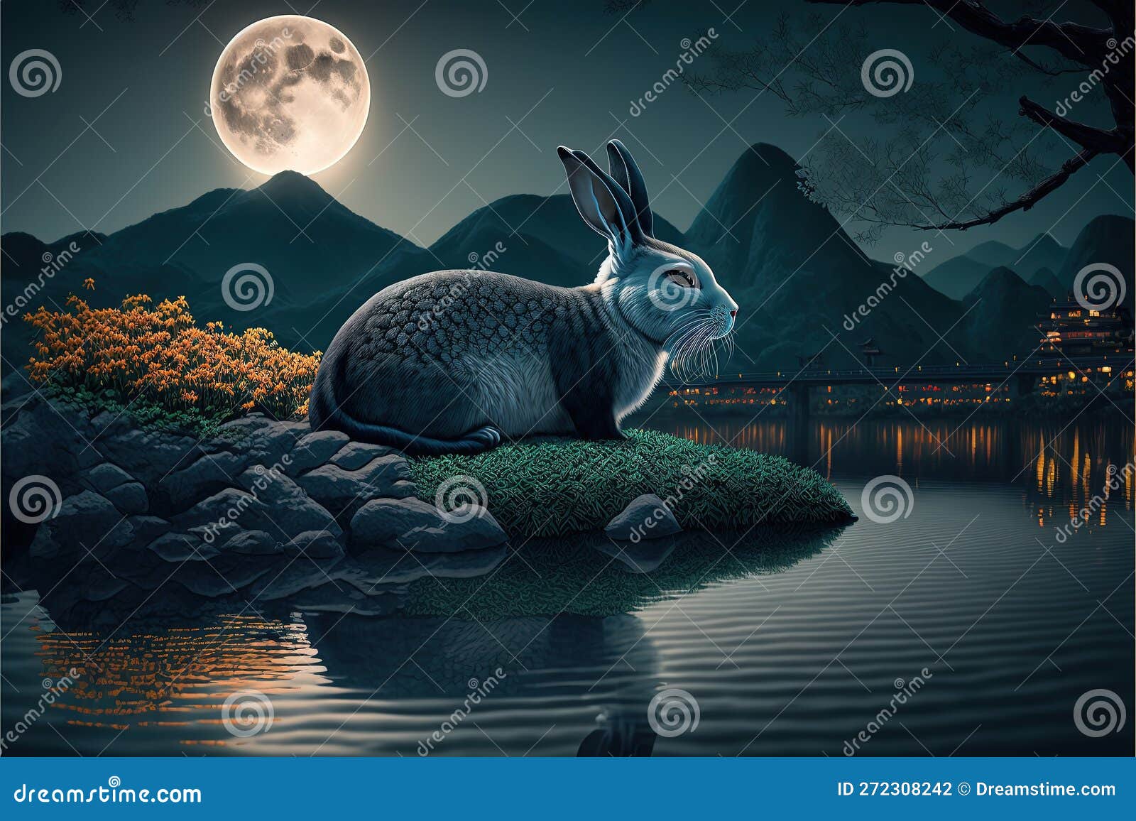 Chinese Rabbit Under the Moonlight by a River, Year of the Rabbit ...