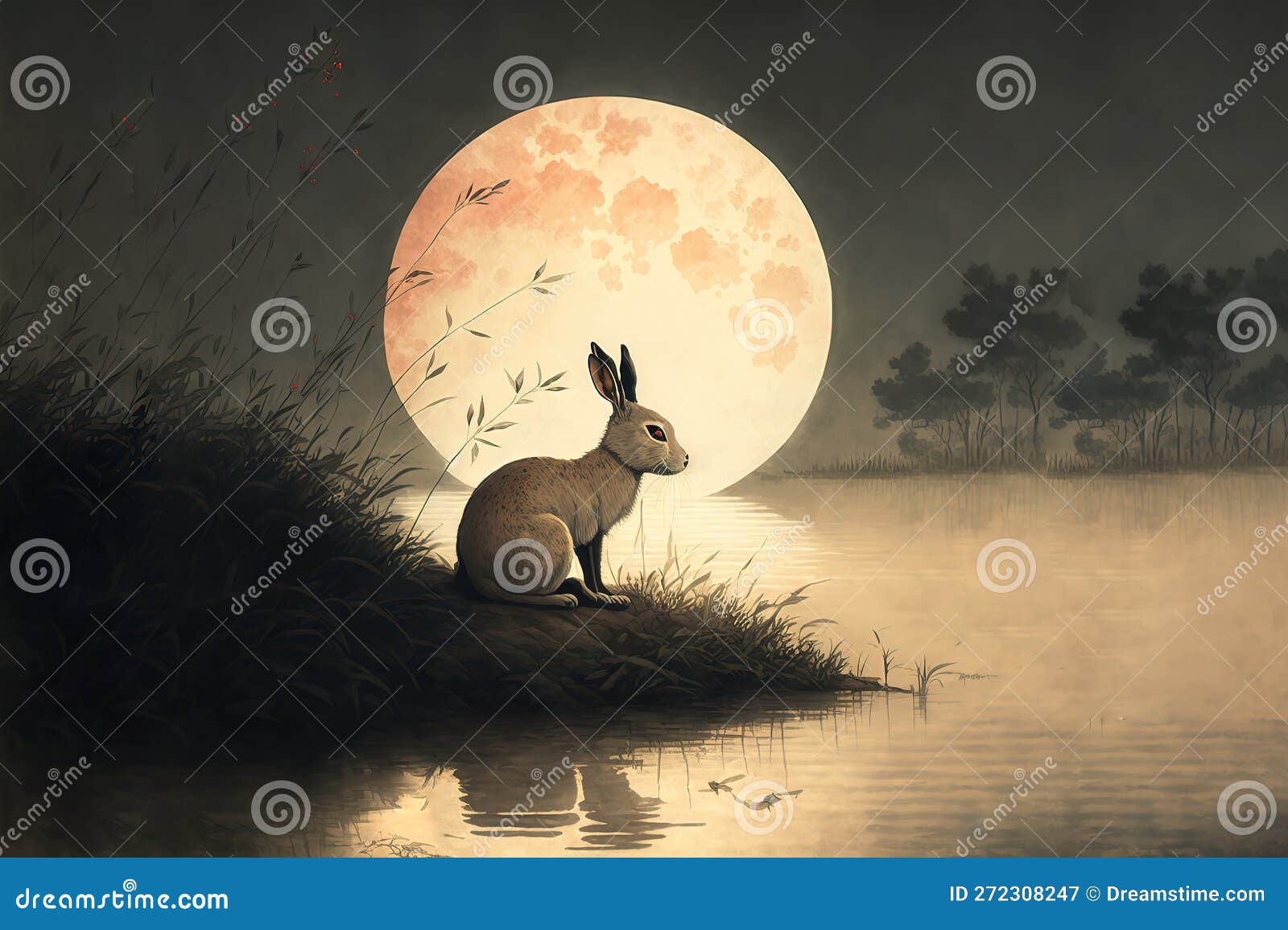 Chinese Rabbit Under the Moonlight by a River, Year of the Rabbit ...