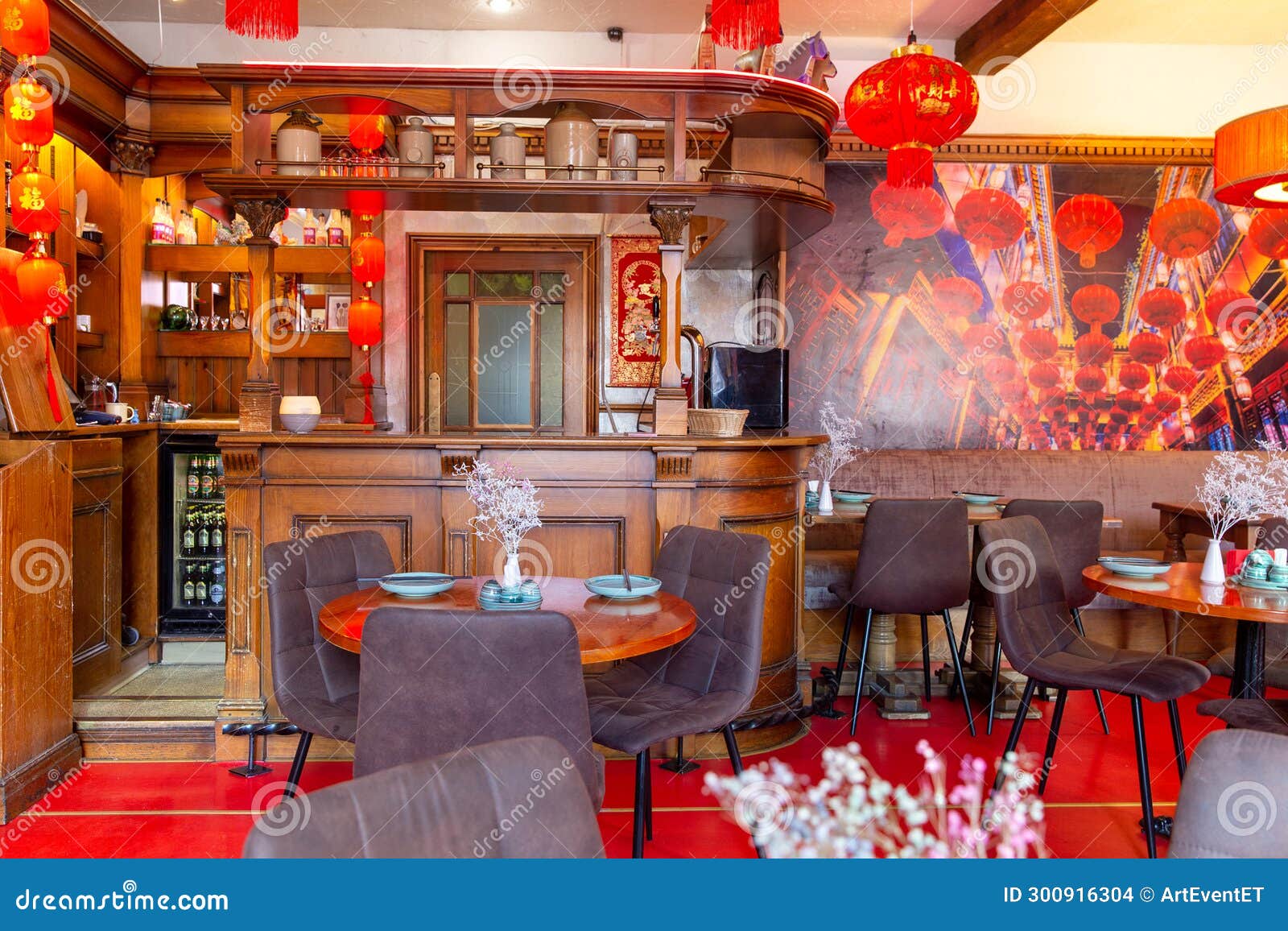 Chinese Restaurant Interior in Red Colors Stock Photo - Image of ...