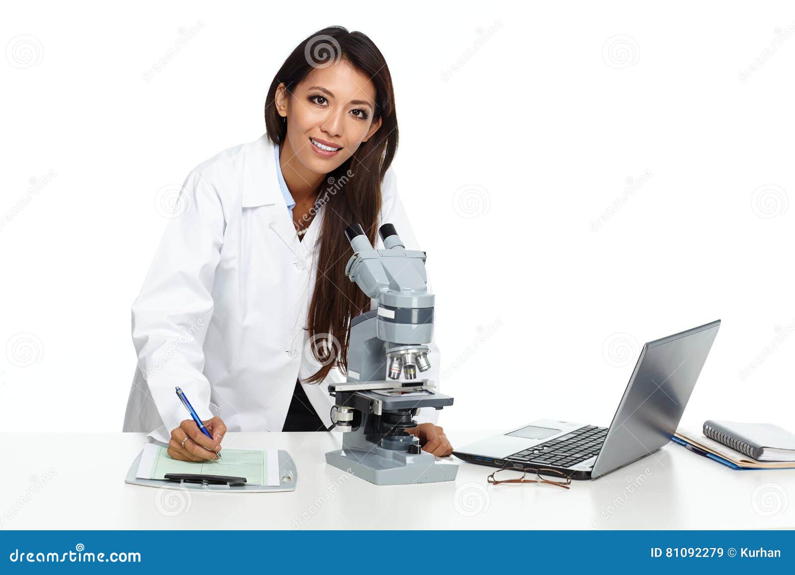 Chinese Scientist Woman with Microscope. Stock Image - Image of ...