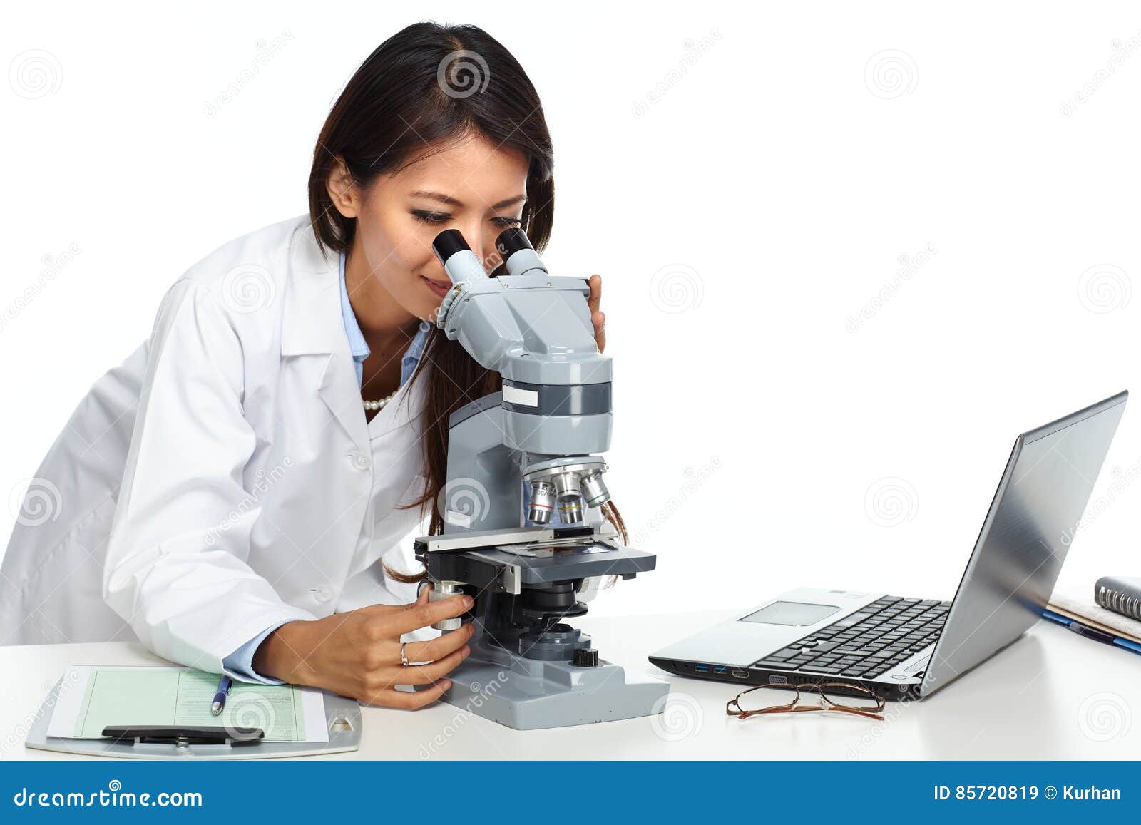 Chinese Scientist Woman with Microscope. Stock Image - Image of ...