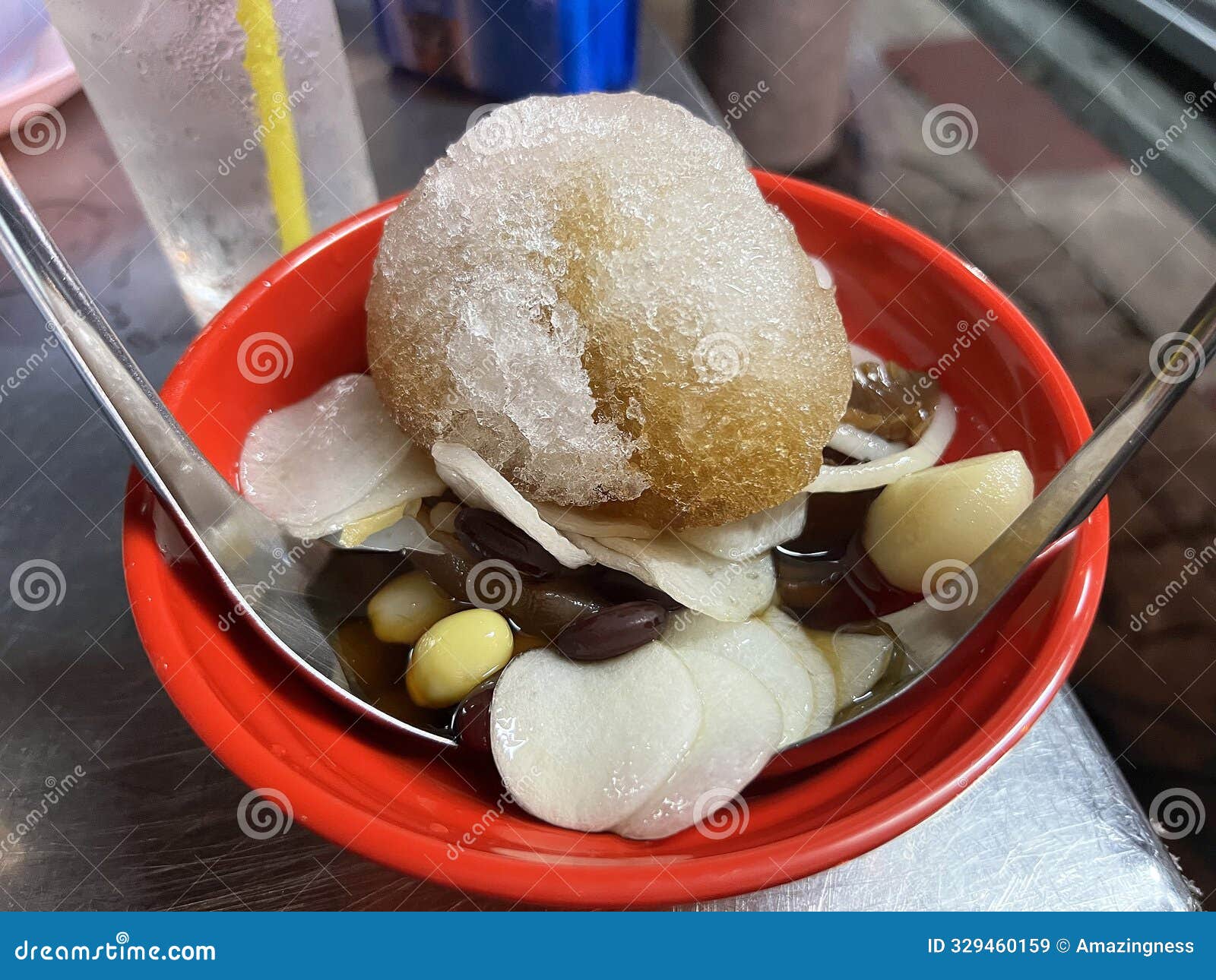 A Chinese Shaved Ice with Dough, Red Beans, Water Chestnuts, and Syrup ...