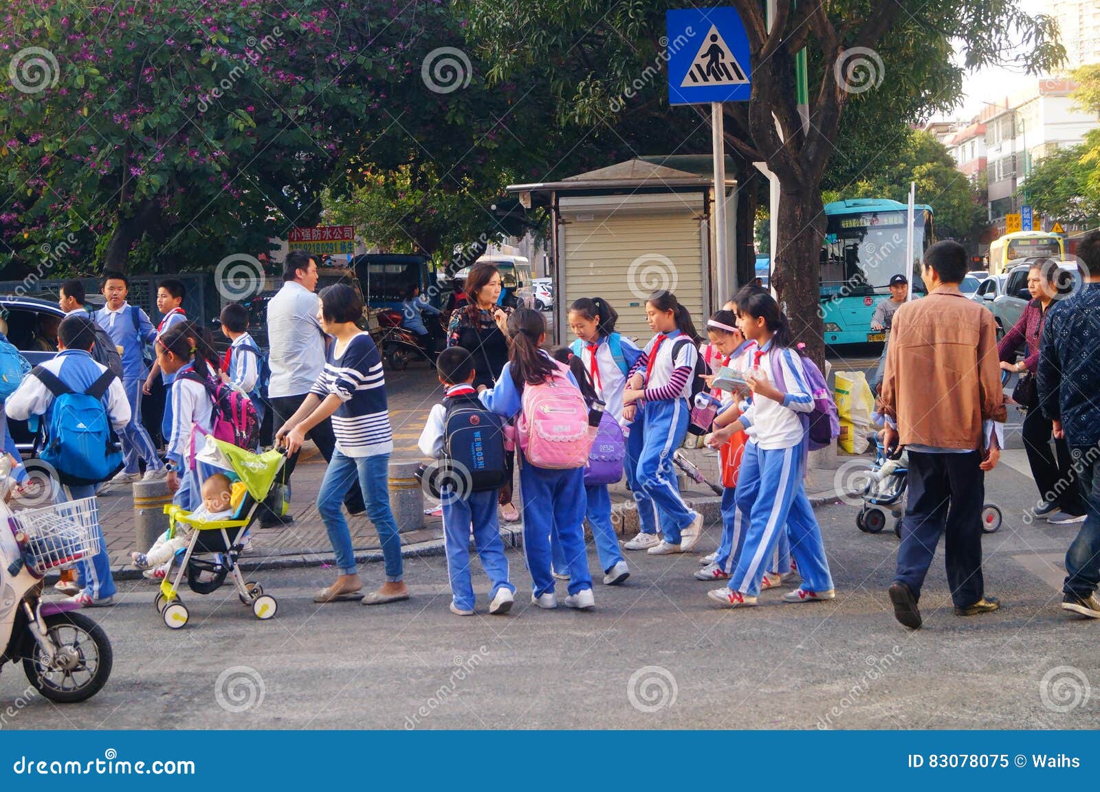 Chinese Students Home after School through Traffic Intersection ...